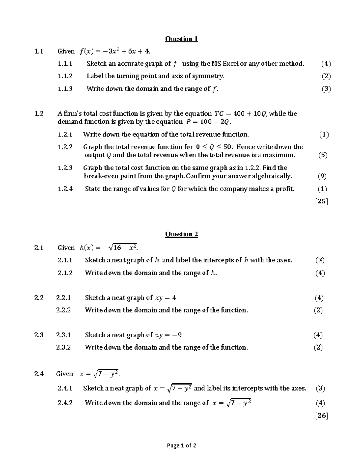 MTHS 129 Assignment 1 Due 18 September 2020 - Page 1 of 2 Question 1 1 ...