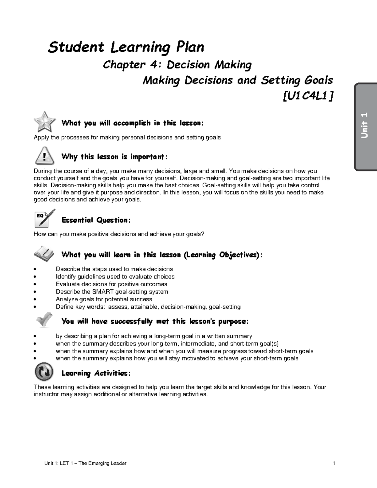 U1C4L1A0 Student Learning Plan - Unit 1: LET 1 – The Emerging Leader 1 ...