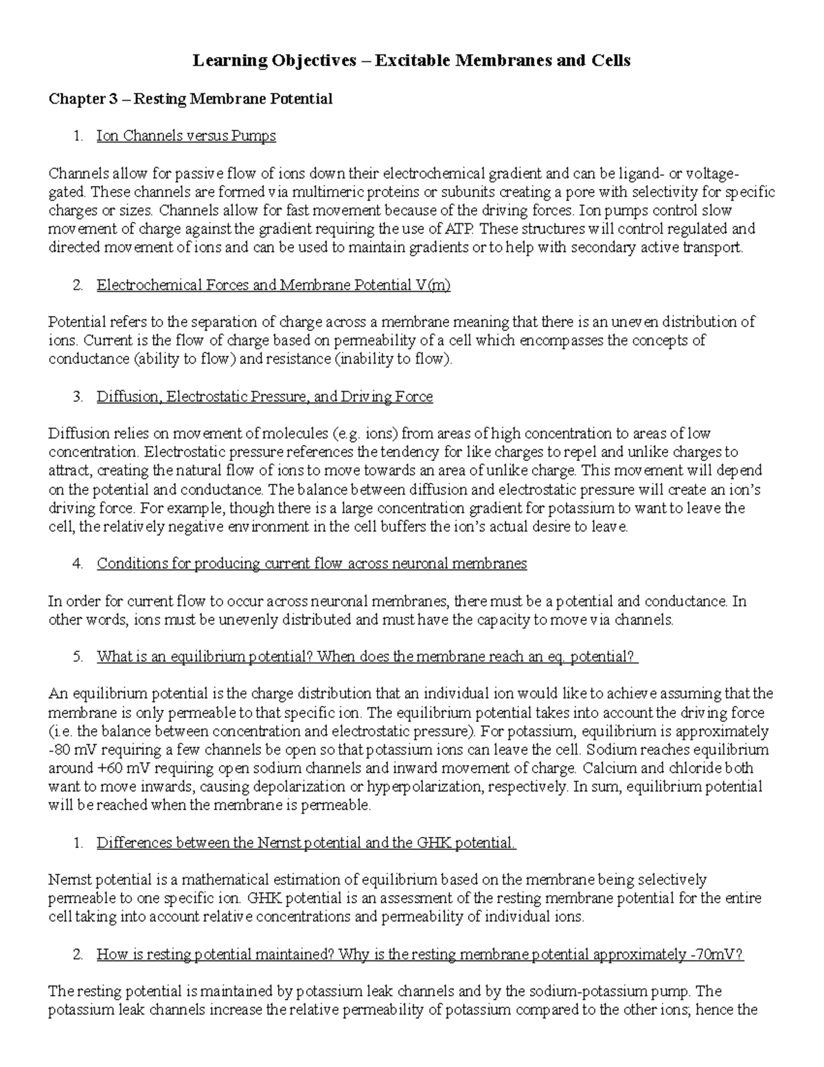 Learning Objectives 2 - Excitable Membranes and Cells - Learning ...
