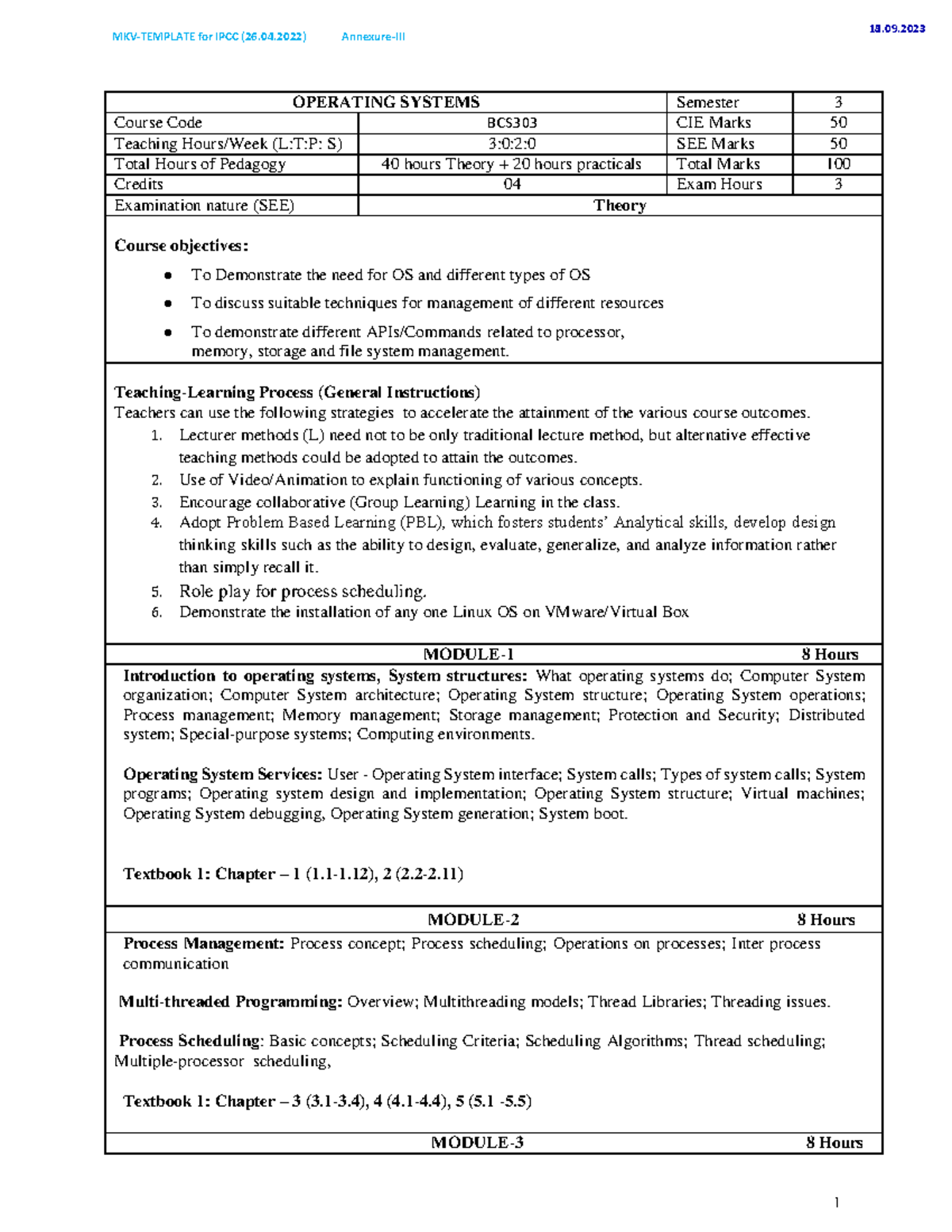 Syllabus - OPERATING SYSTEMS Semester 3 Course Code BCS303 CIE Marks 50 ...