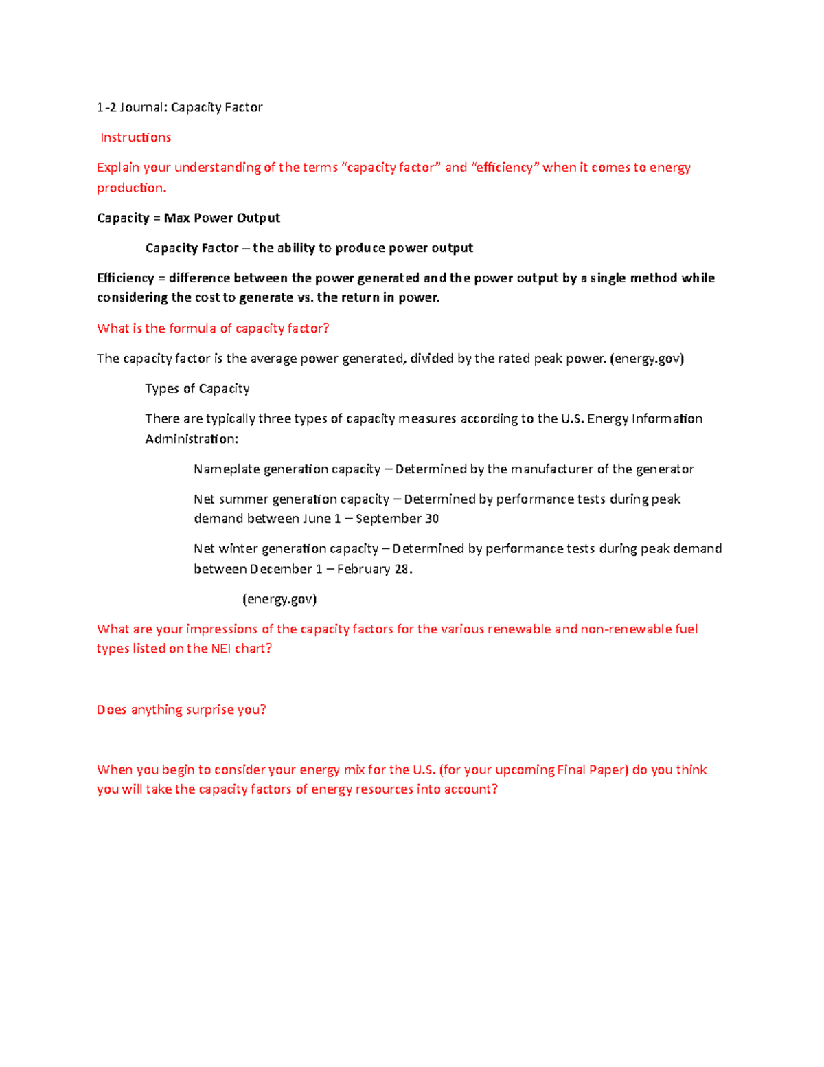 Journal Entry Module 1 - 1-2 Journal: Capacity Factor Instructions ...