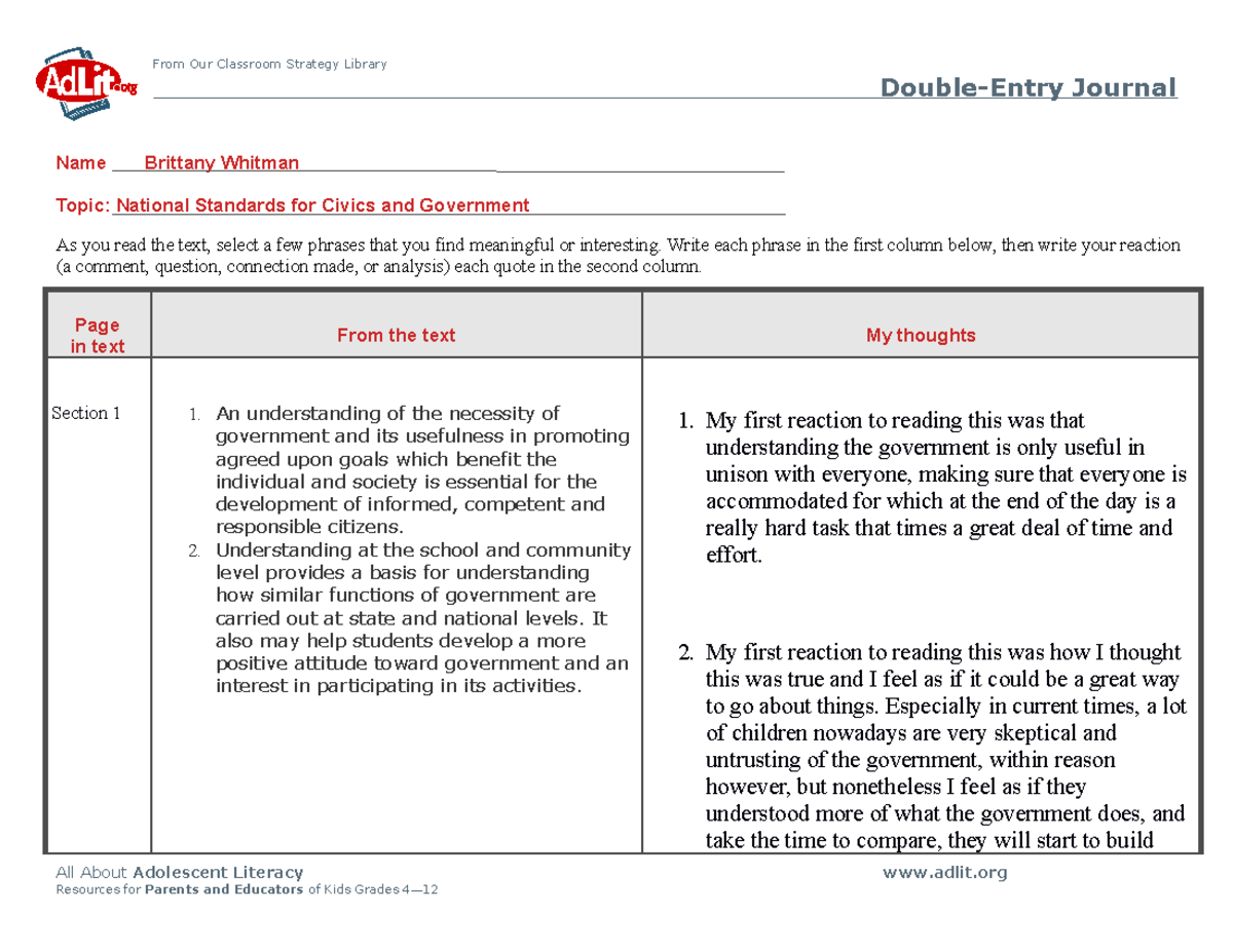 Double entry journal - Double-Entry Journal Name Brittany Whitman Topic ...