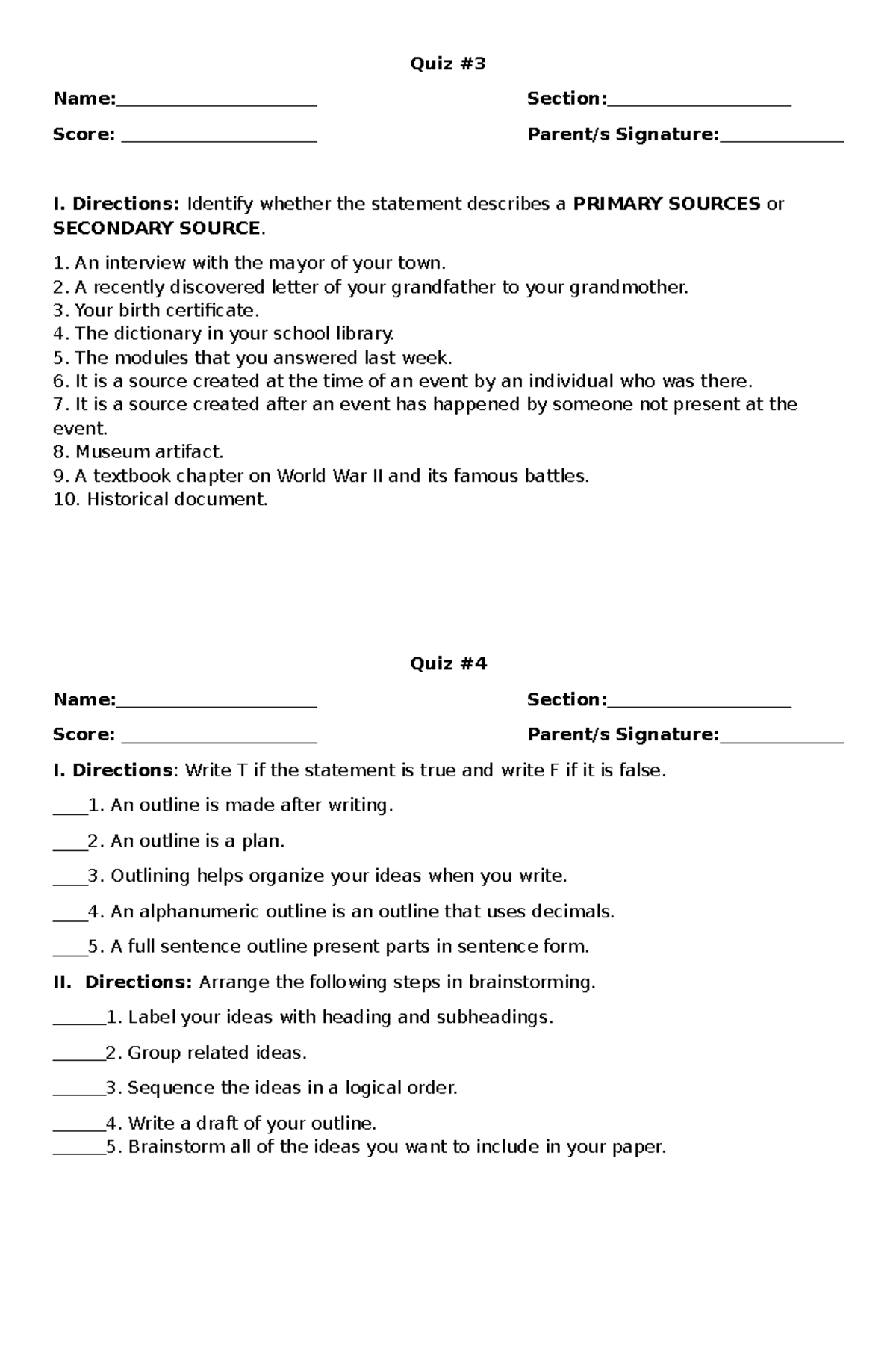 4th quarter Quiz 3-10 - Name: Section: Score: Parent/s Signature: I ...