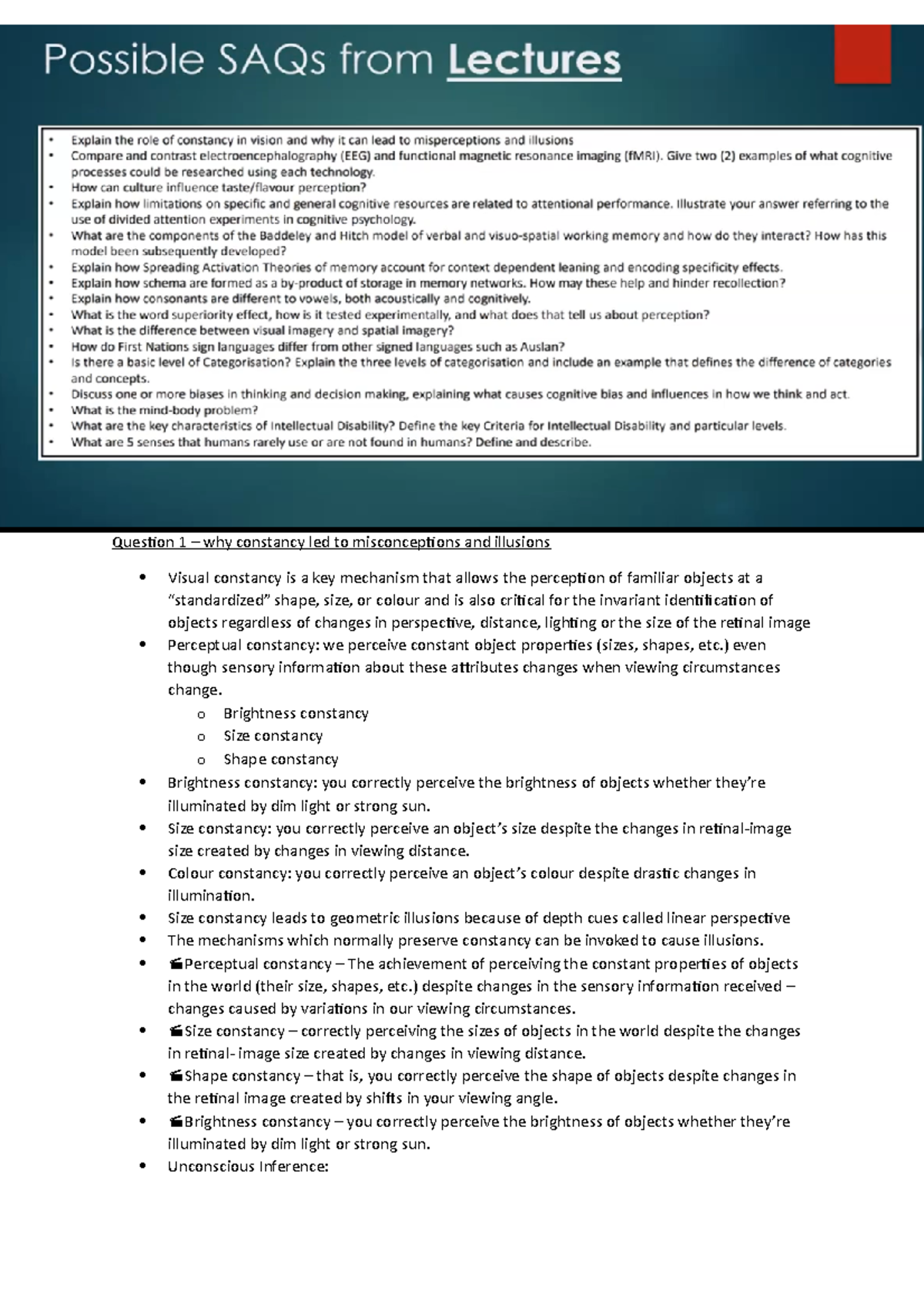 SAC Questions - Lecture notes All of them - Question 1 – why constancy ...