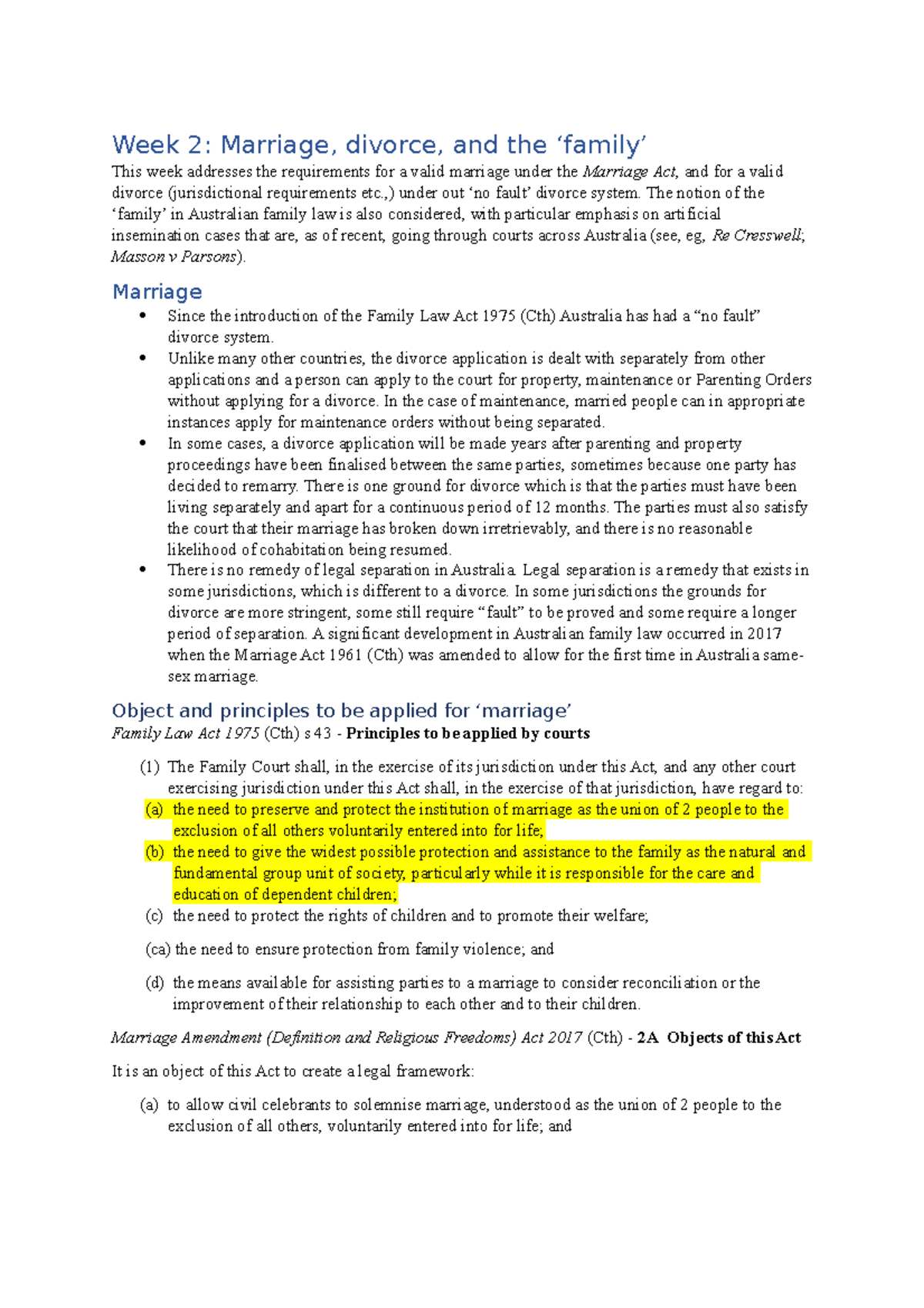 Week 2 (divorce and marriage) - Week 2: Marriage, divorce, and the ...