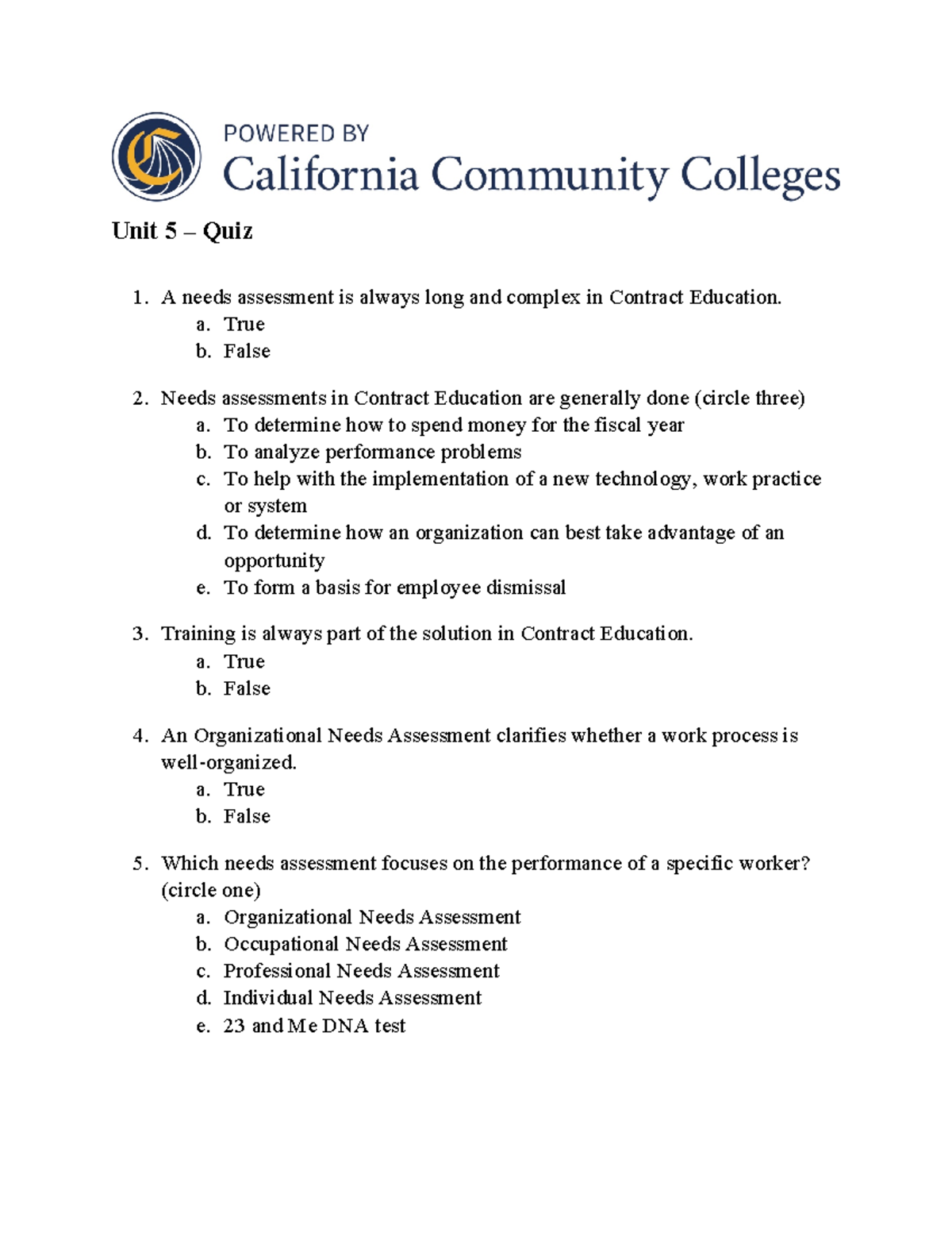 Quizunit 5 Needs Assessmenta - Unit 5 – Quiz A needs assessment is ...