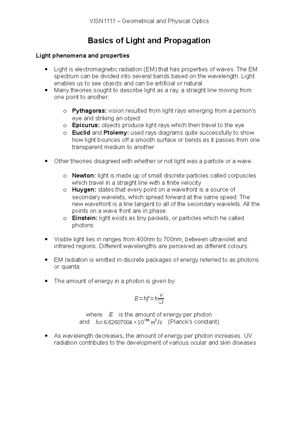 VISN1111 Lecture Notes - VISN1111 – Geometrical and Physical Optics ...