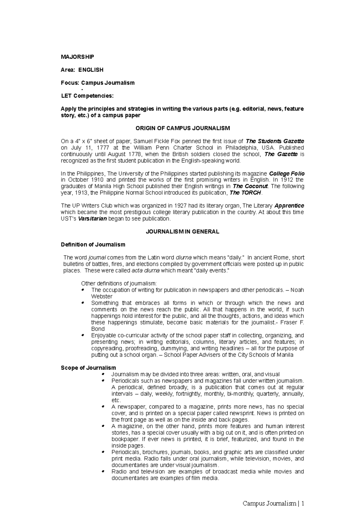 Campus Journ Module - kdowehfiowejdopqe - MAJORSHIP Area: ENGLISH Focus ...