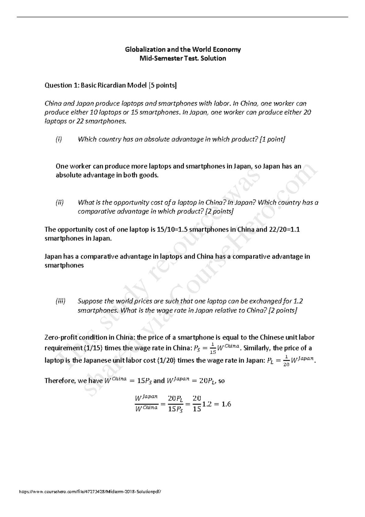 Midterm 2018 Solution - Warning: TT: undefined function: 32 Globalization and the World Economy ...