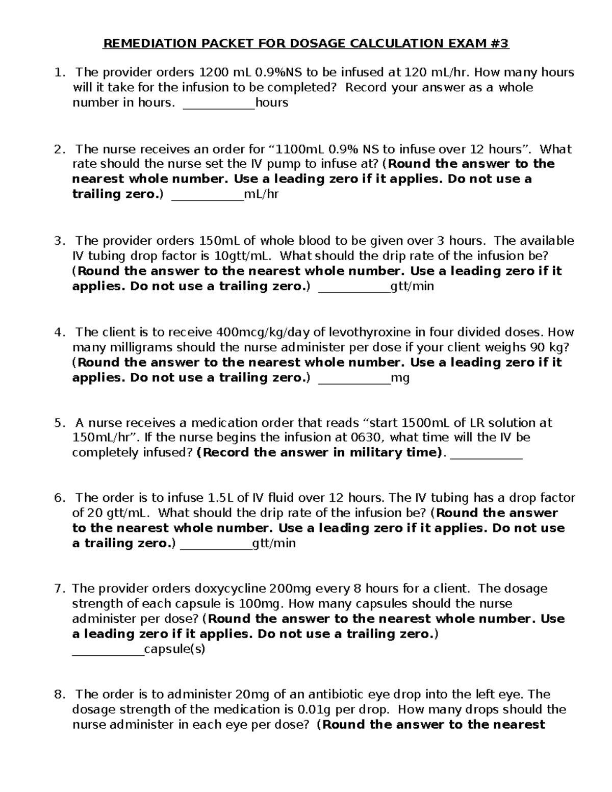 Dosage calc practice - REMEDIATION PACKET FOR DOSAGE CALCULATION EXAM ...