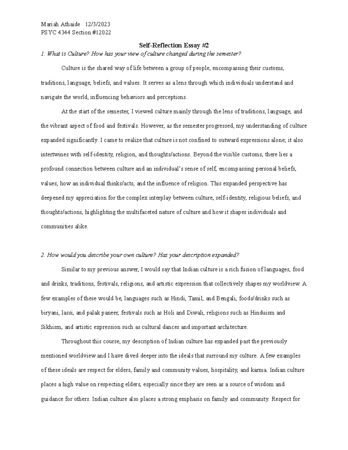 Self-Reflection Essay #2 - PSYC 4344 Section # Self-Reflection Essay ...