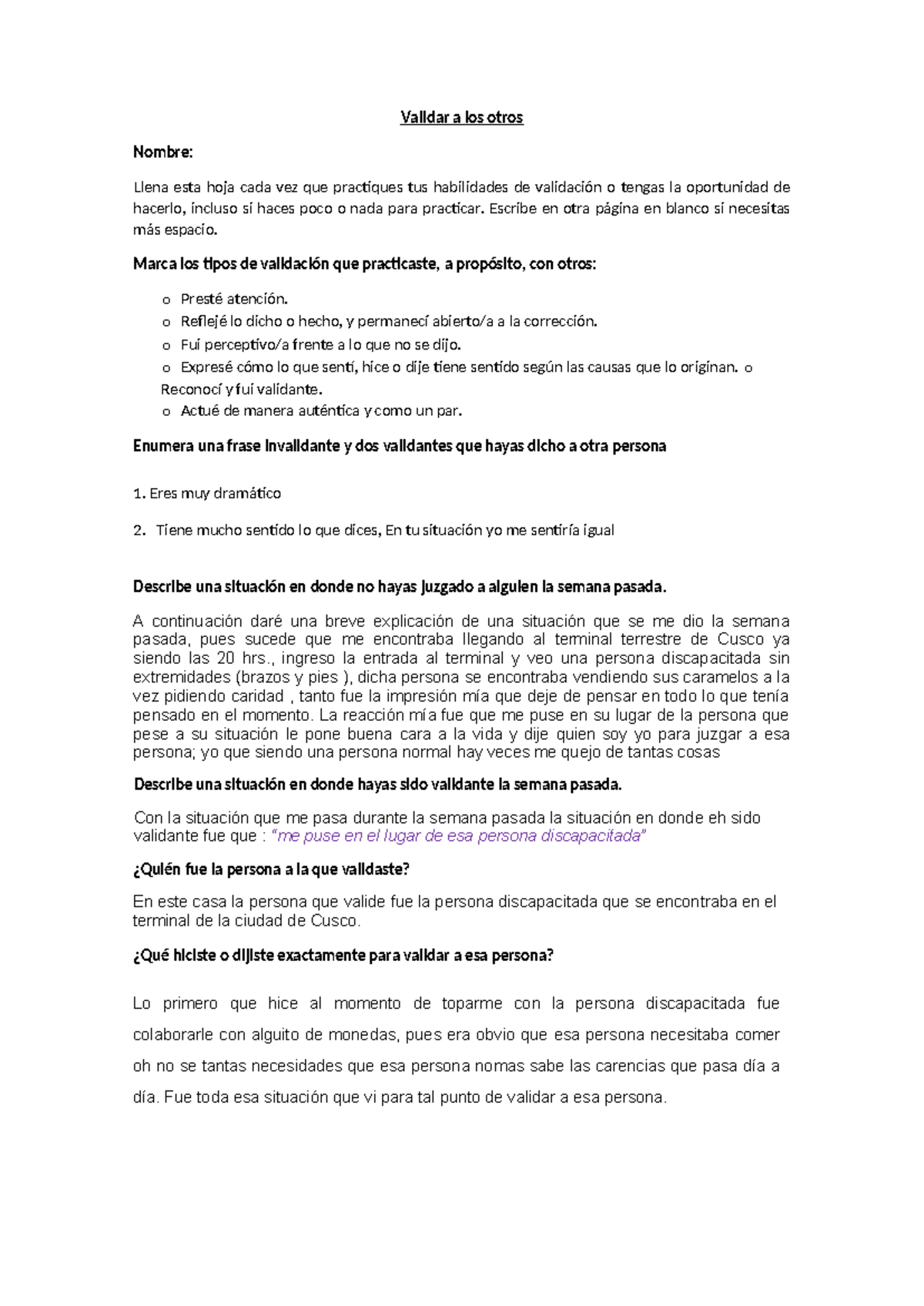 1era evaluación - Huanca. Chuquija - Validar a los otros Nombre: Llena ...