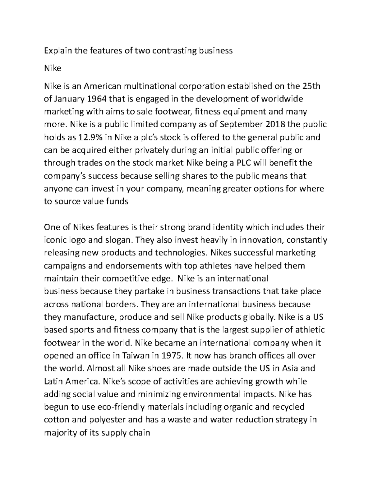 Document 7 - Explain the features of two contrasting business Nike Nike ...