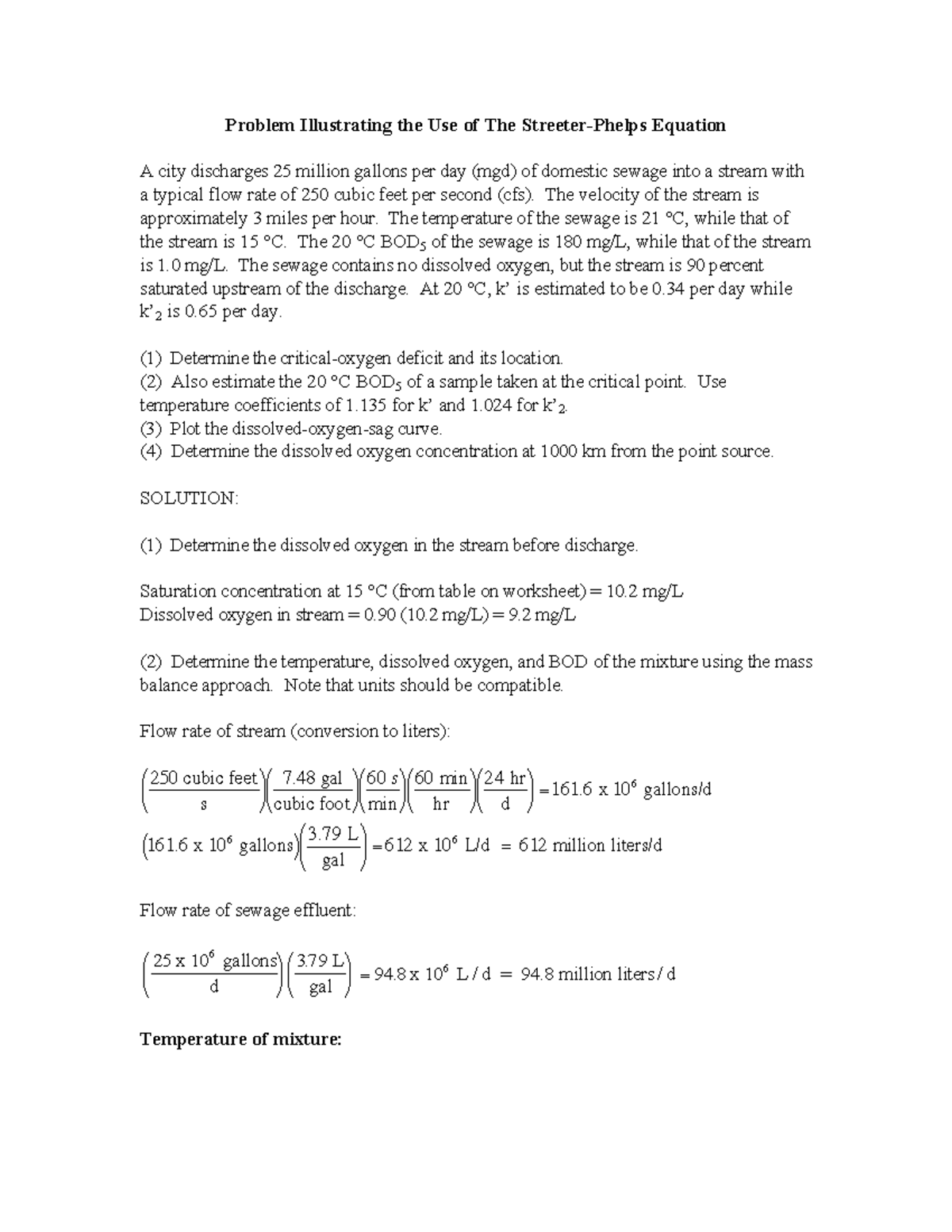 Example on Streeter Phelps equation - Problem Illustrating the Use of ...