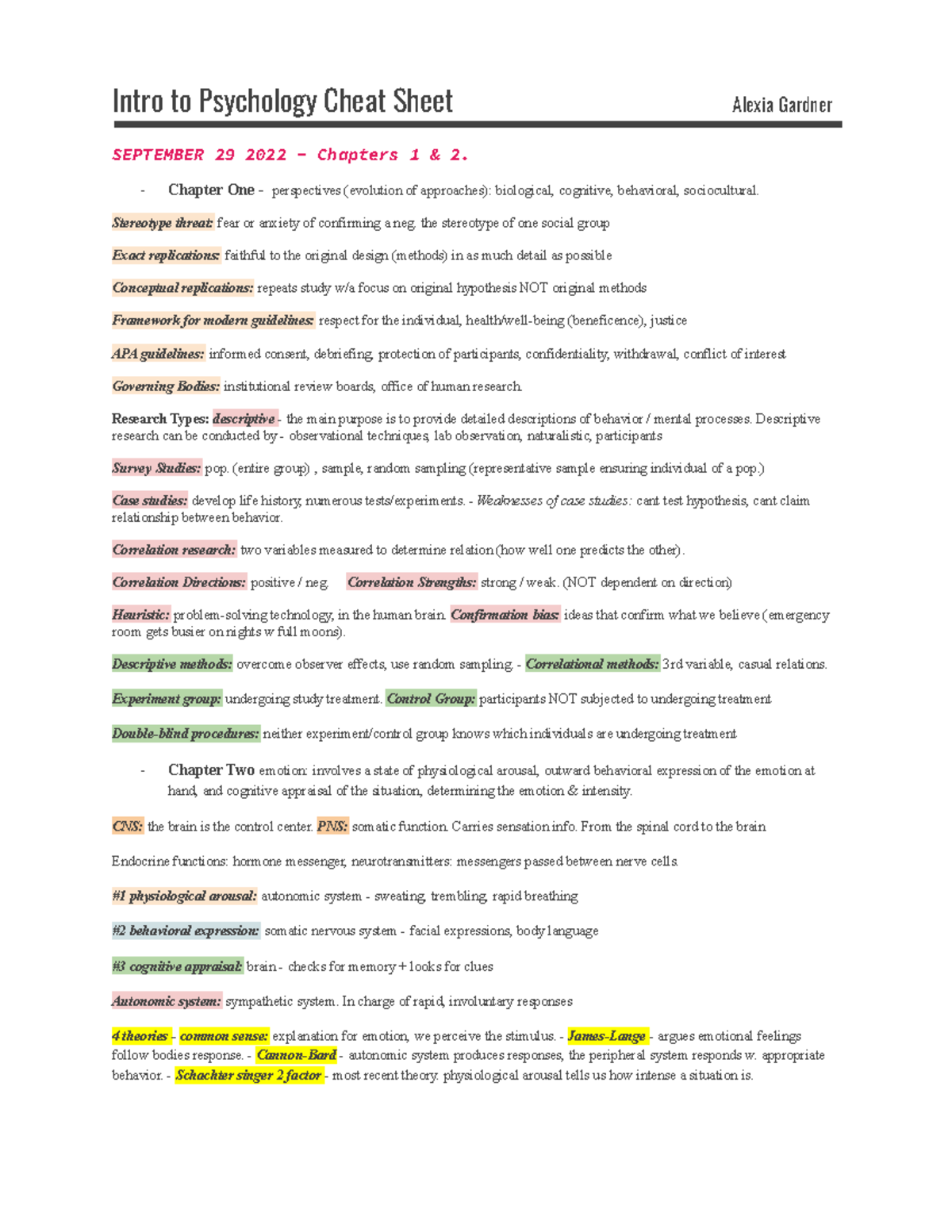 Intro to Psych Cheat Sheet - Chapter One - perspectives (evolution of ...
