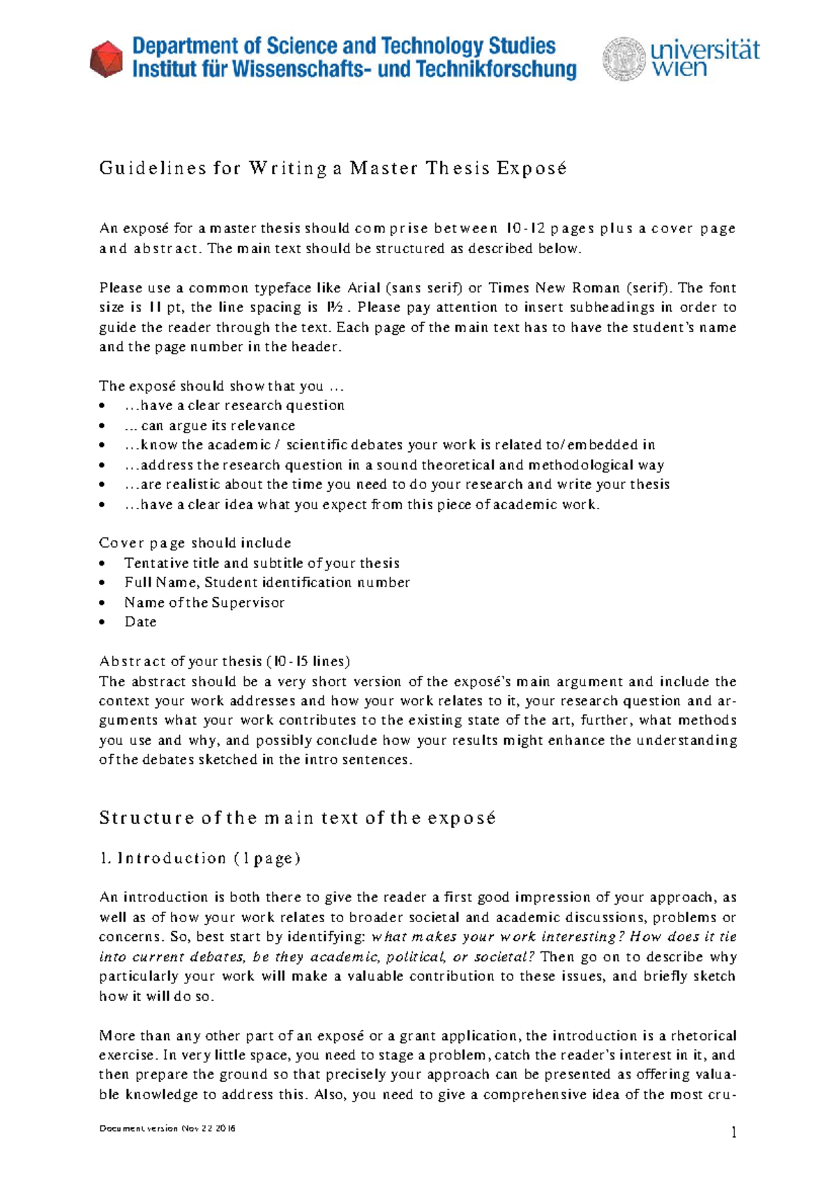 Guidelines for Writing a Master Thesis Expose - The main text should be ...