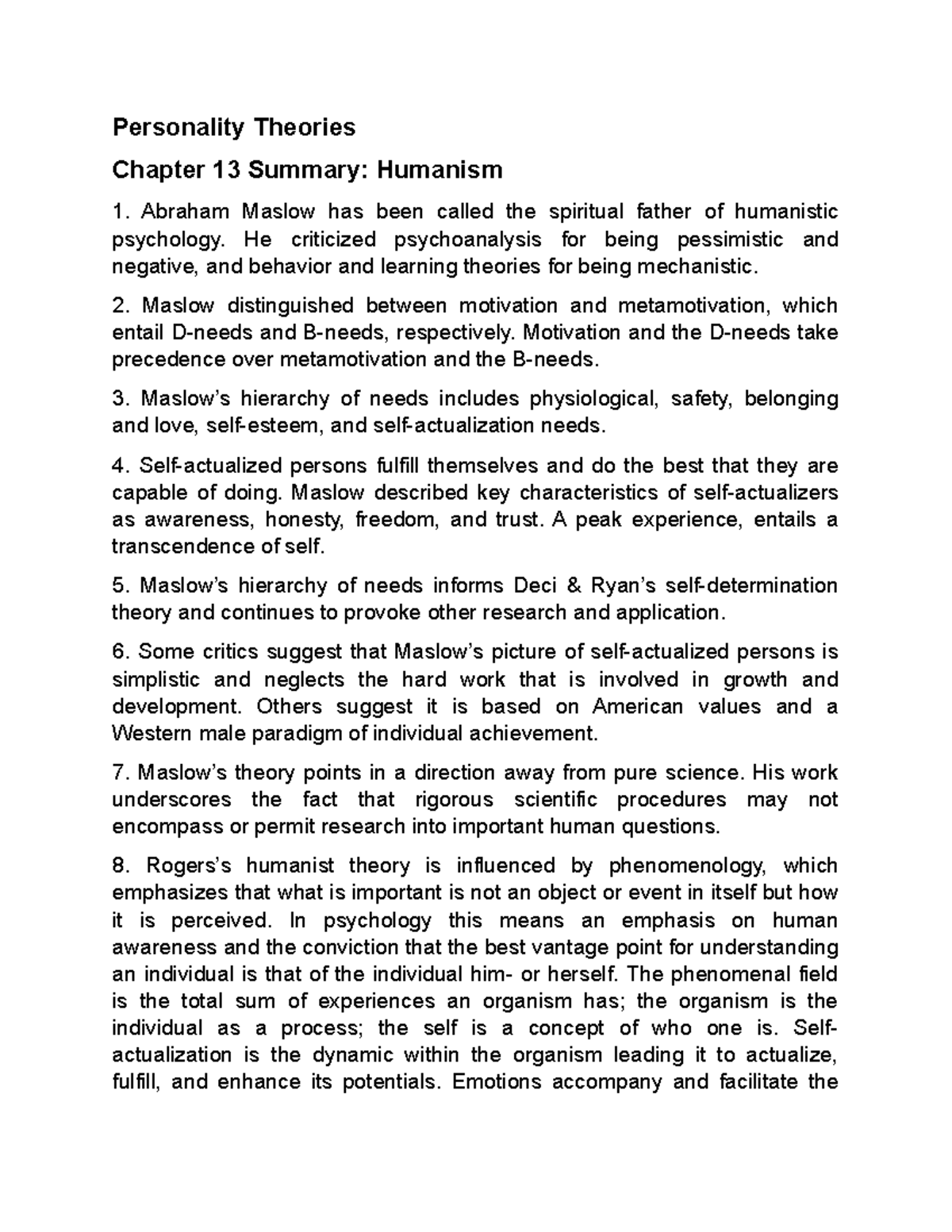 Humanism - Summary - Personality Theories Chapter 13 Summary: Humanism ...