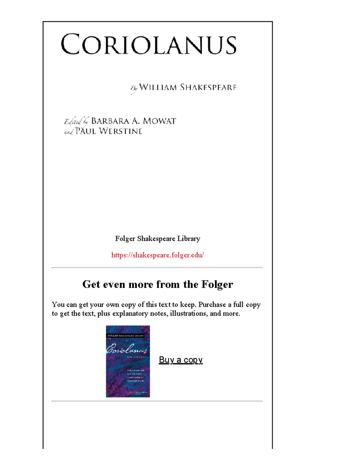 Coriolanus PDF Folger Shakespeare - Get even more from the Folger You ...