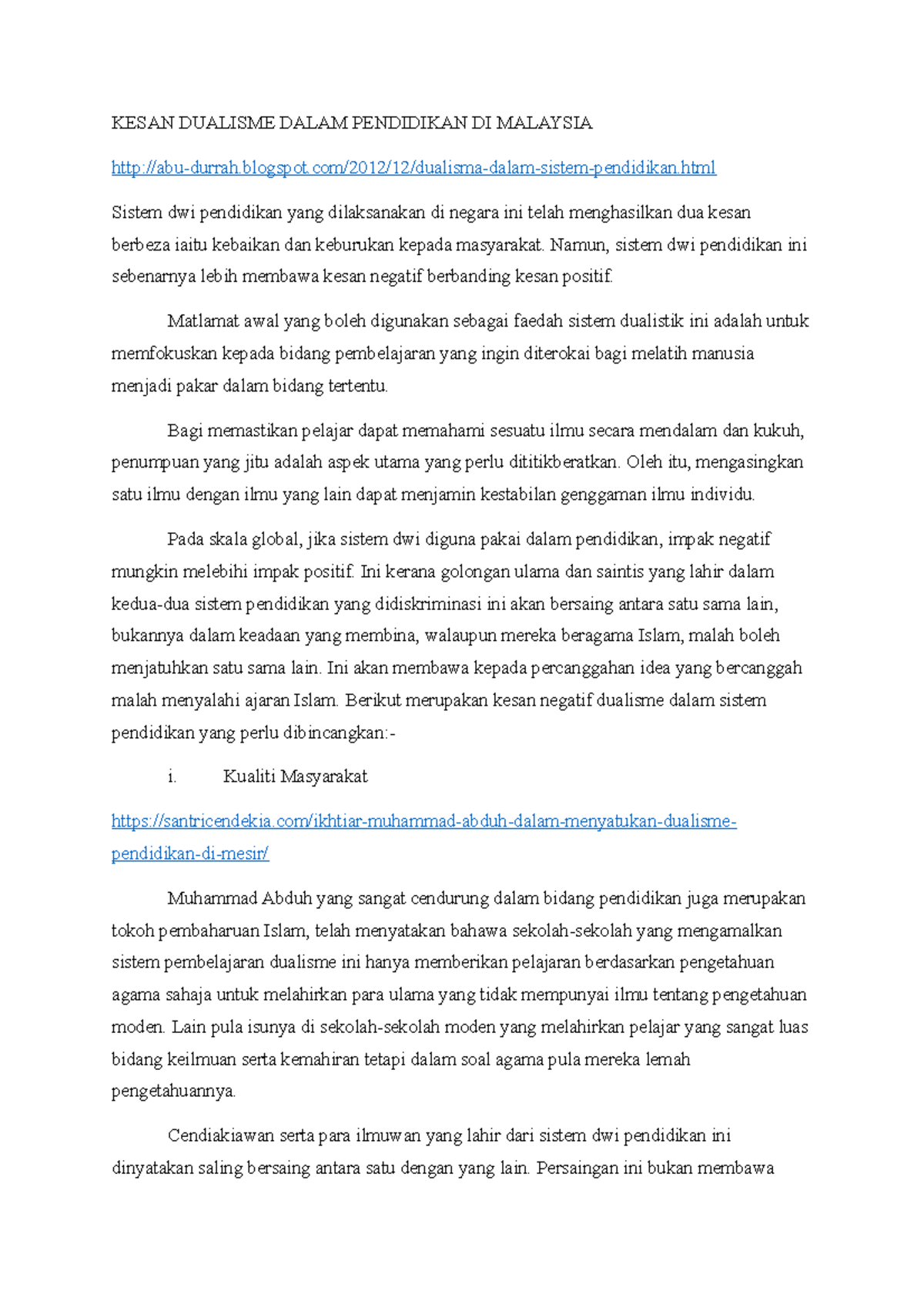 Kesan Dualisme Dalam Pendidikan DI Malaysia - KESAN DUALISME DALAM ...