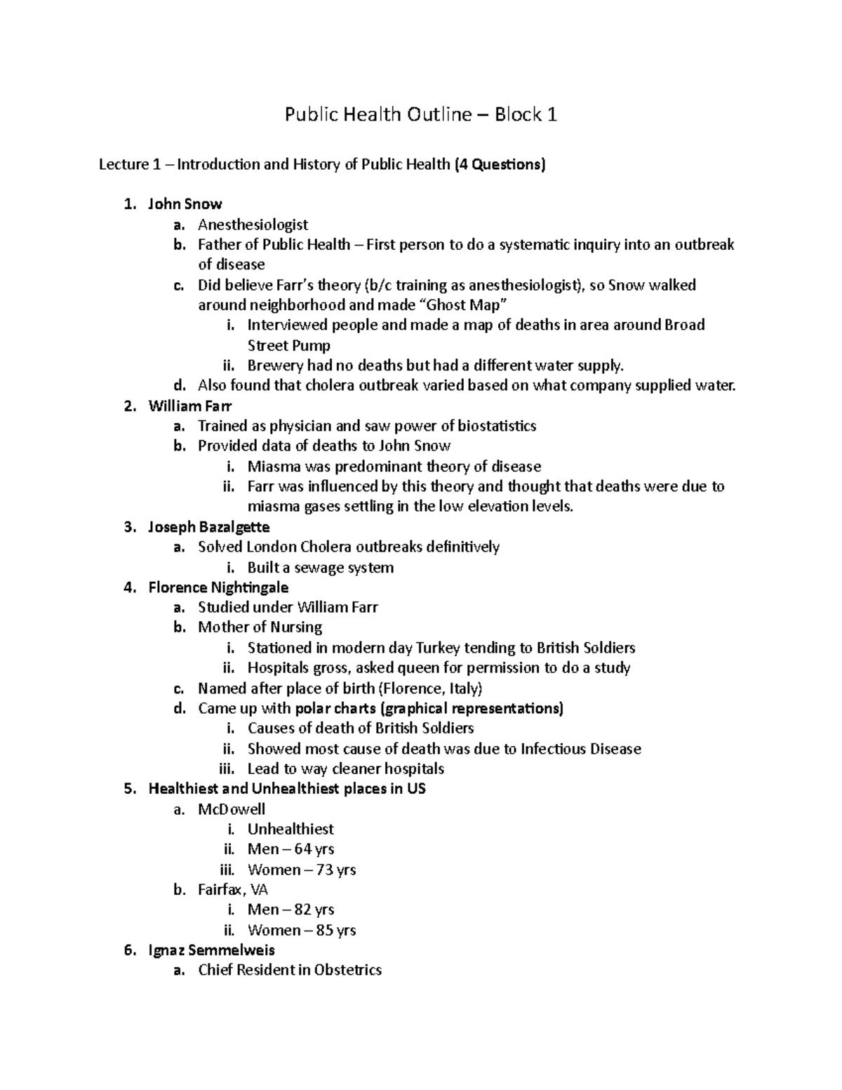 Public Health Outline - Block 1 - Anesthesiologist b. Father of Public ...