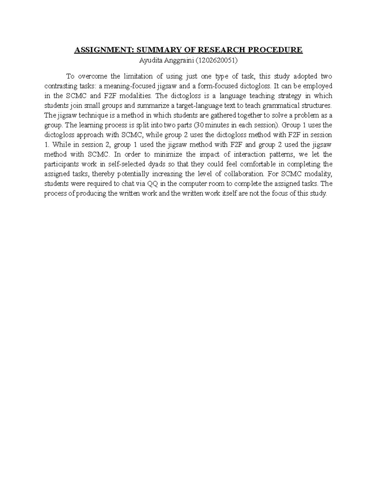 Assignment Summary OF Research Procedure - ASSIGNMENT: SUMMARY OF ...