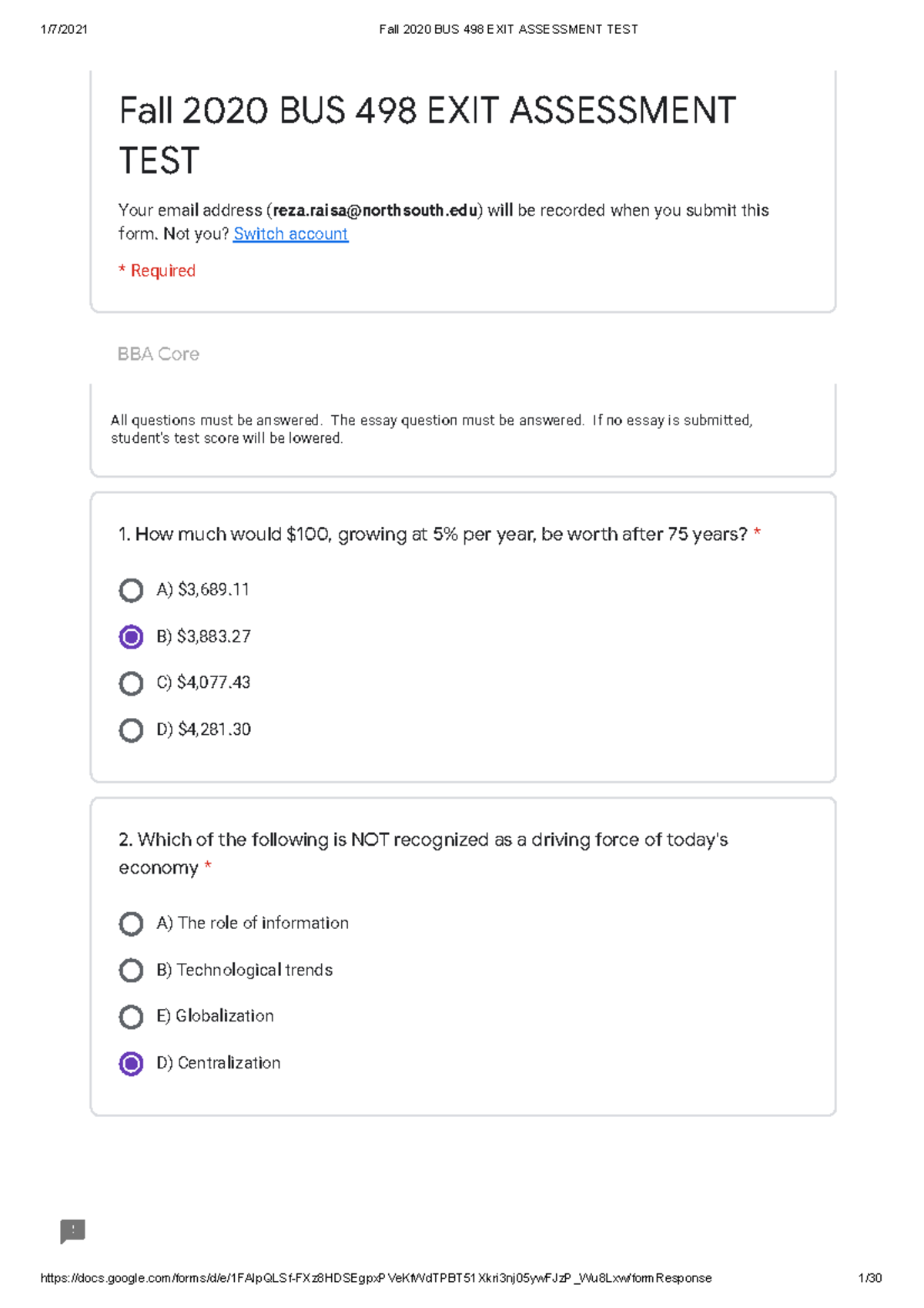 Fall22-Exit-Assessment-Core-Ans-Fall20 - BBA Core All questions must be ...