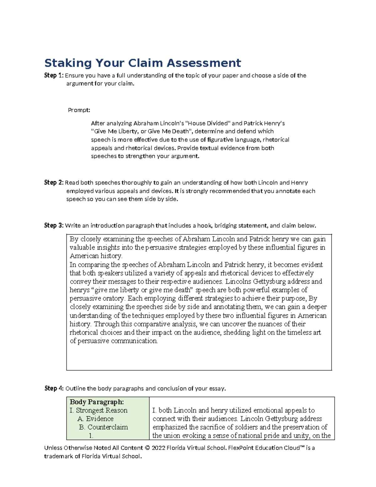 Staking your claim assess rubric - Staking Your Claim Assessment Step 1 ...