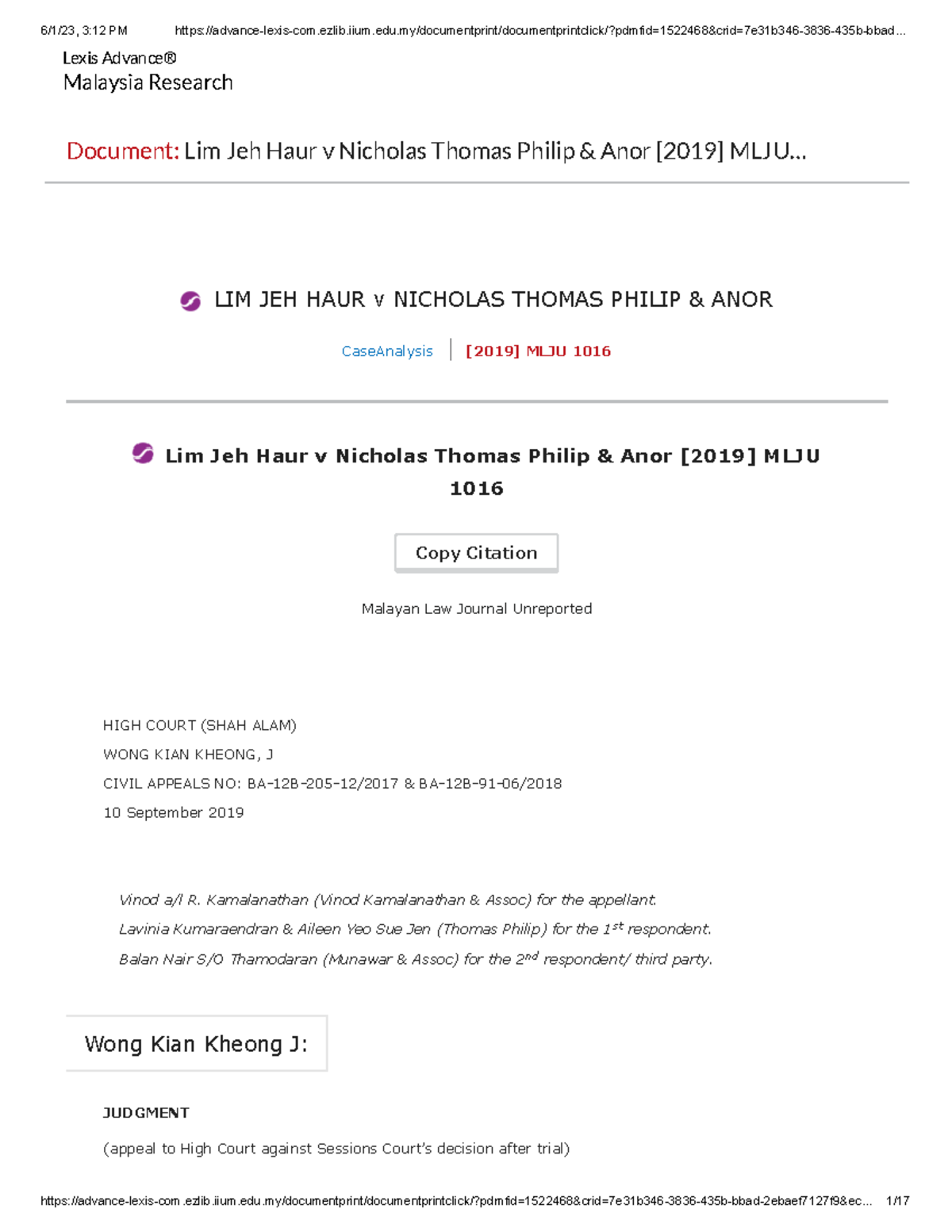 Lim Jeh Haur v Nicholas Thomas Philip & Anor - - Studocu