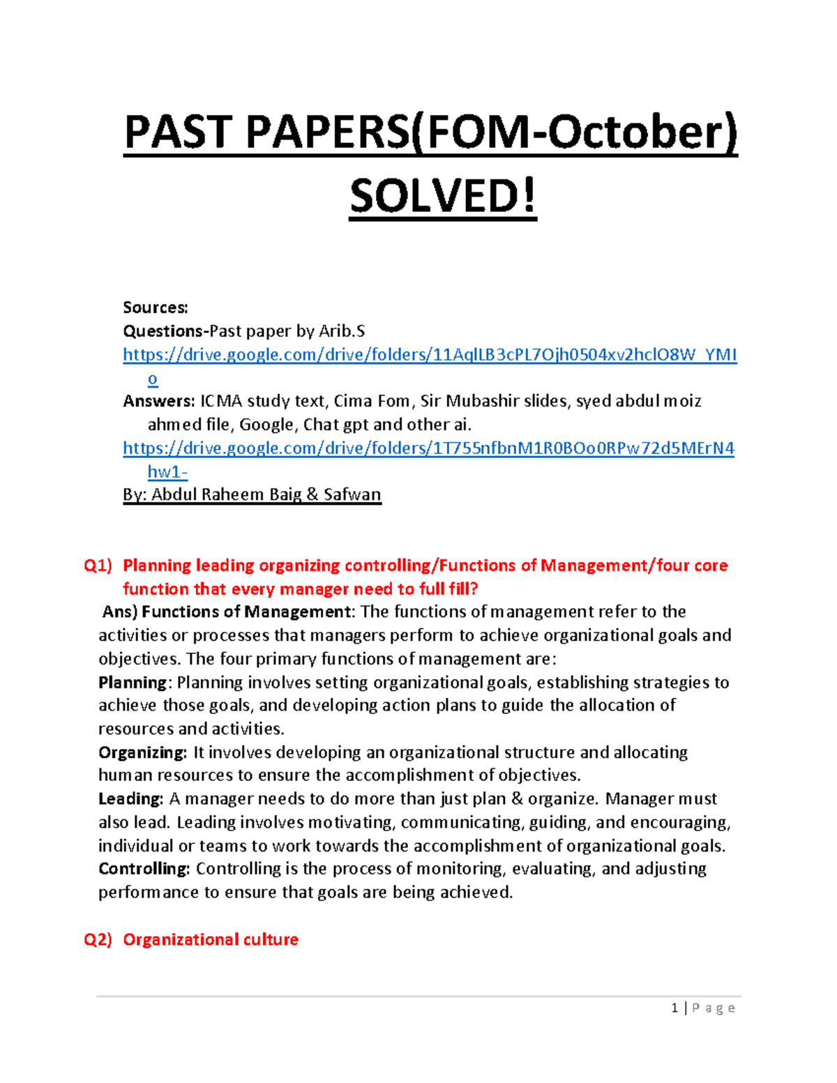 FOM Solved Descriptives (October Updated) - PAST PAPERS(FOM-October ...