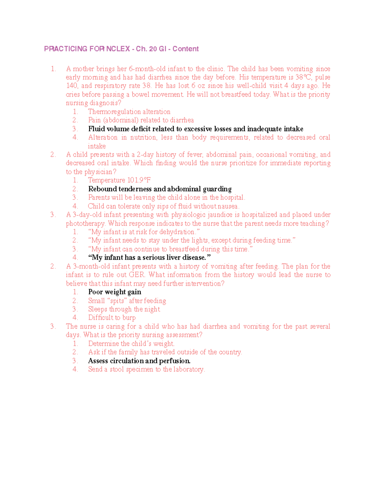 Exam 2 Questions - n.a. - PRACTICING FOR NCLEX - Ch. 20 GI - Content 1 ...