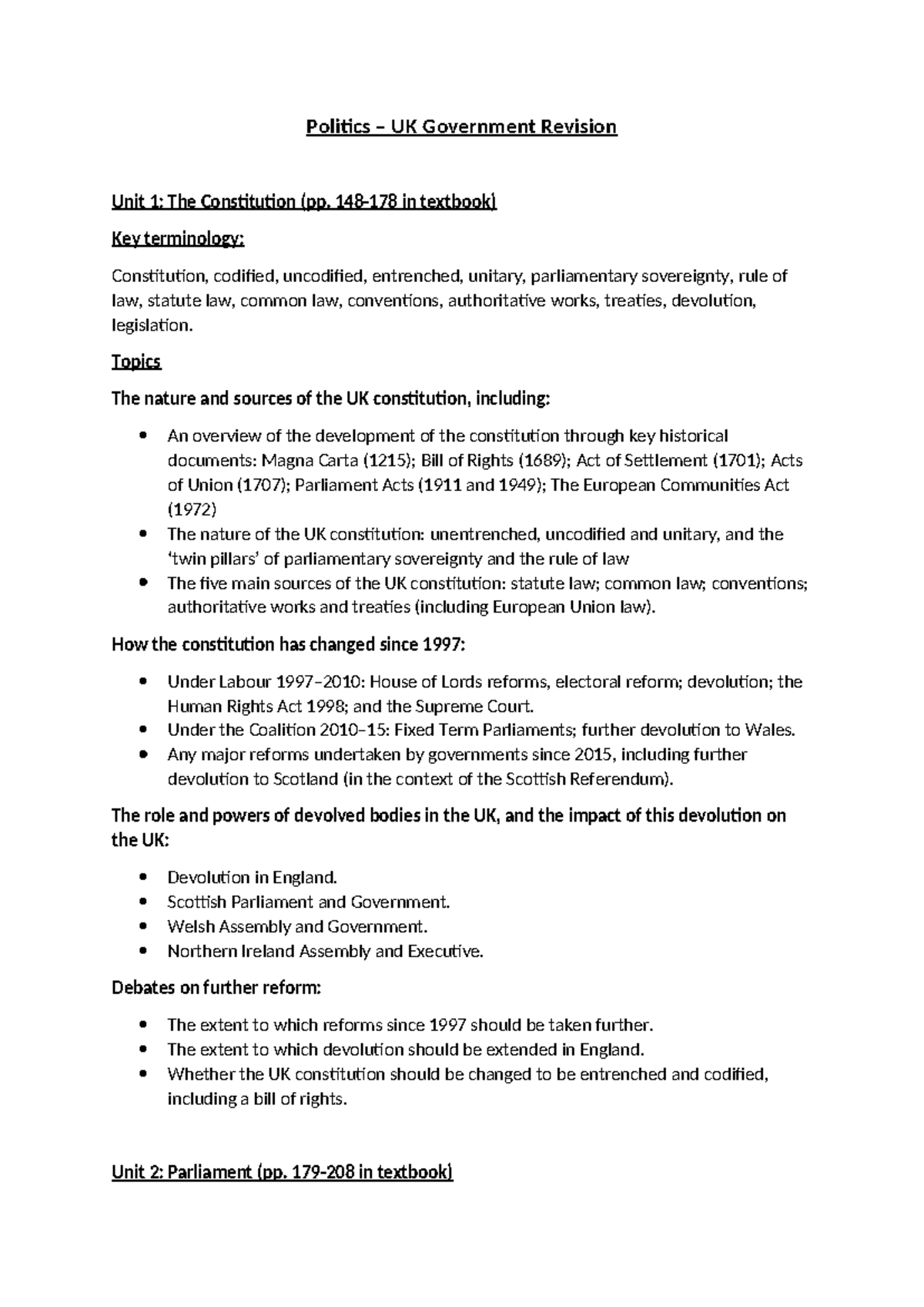Year 12 UK Government Revision - Politics – UK Government Revision Unit ...