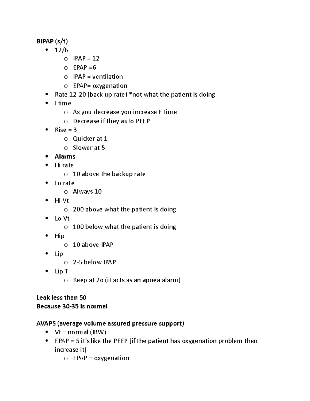 NIVV set up - NIVV set up - BiPAP (s/t) 12/ o IPAP = 12 o EPAP = o IPAP ...
