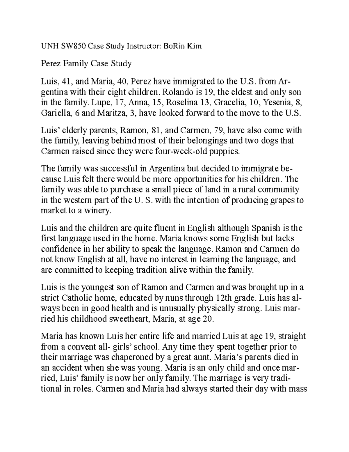 SW850 Perez Case Study - UNH SW850 Case Study Instructor: BoRin Kim ...