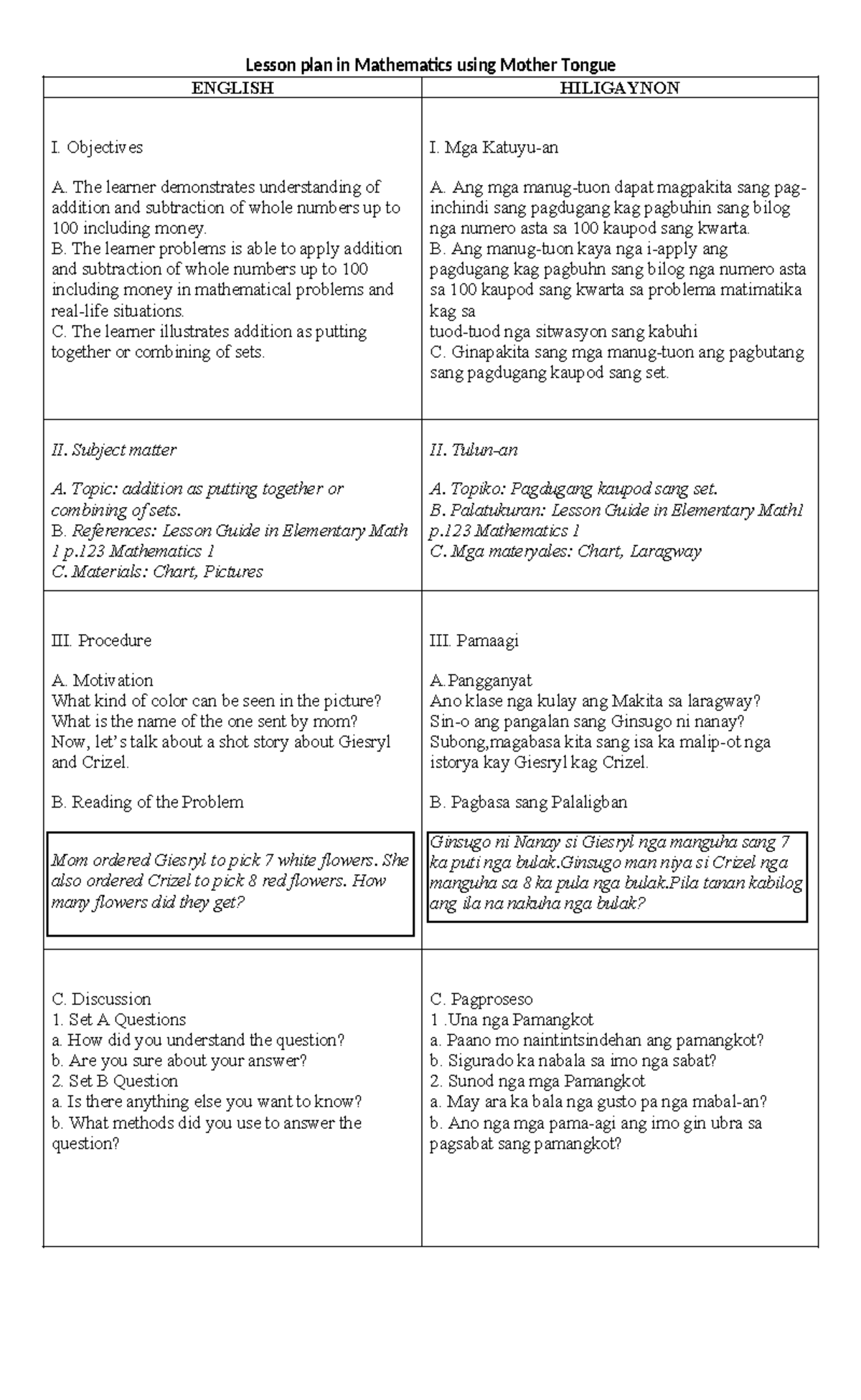Angel Lesson PLAN - Lesson plan in Mathematics using Mother Tongue ...