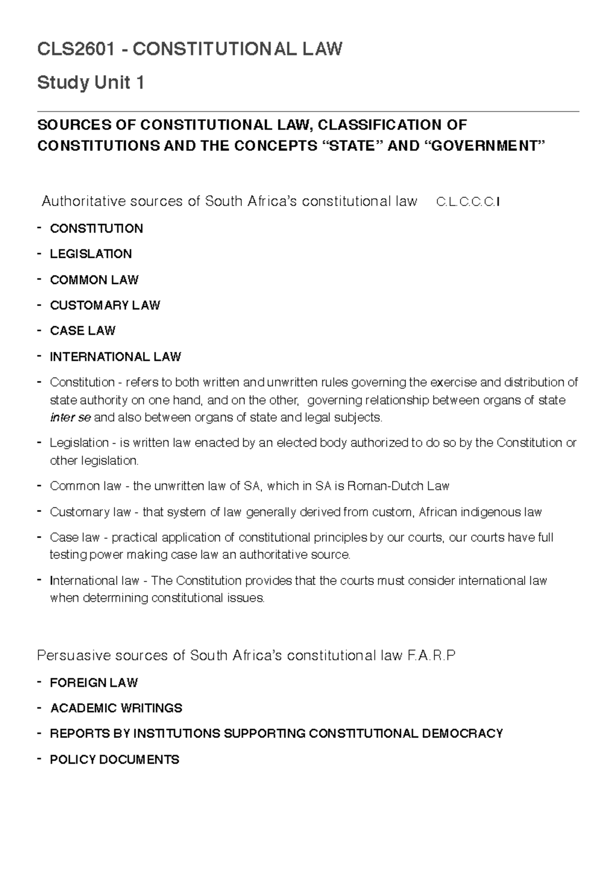 CSL AQ AND A OF Study Units - CLS2601 - CONSTITUTIONAL LAW Study Unit 1 ...