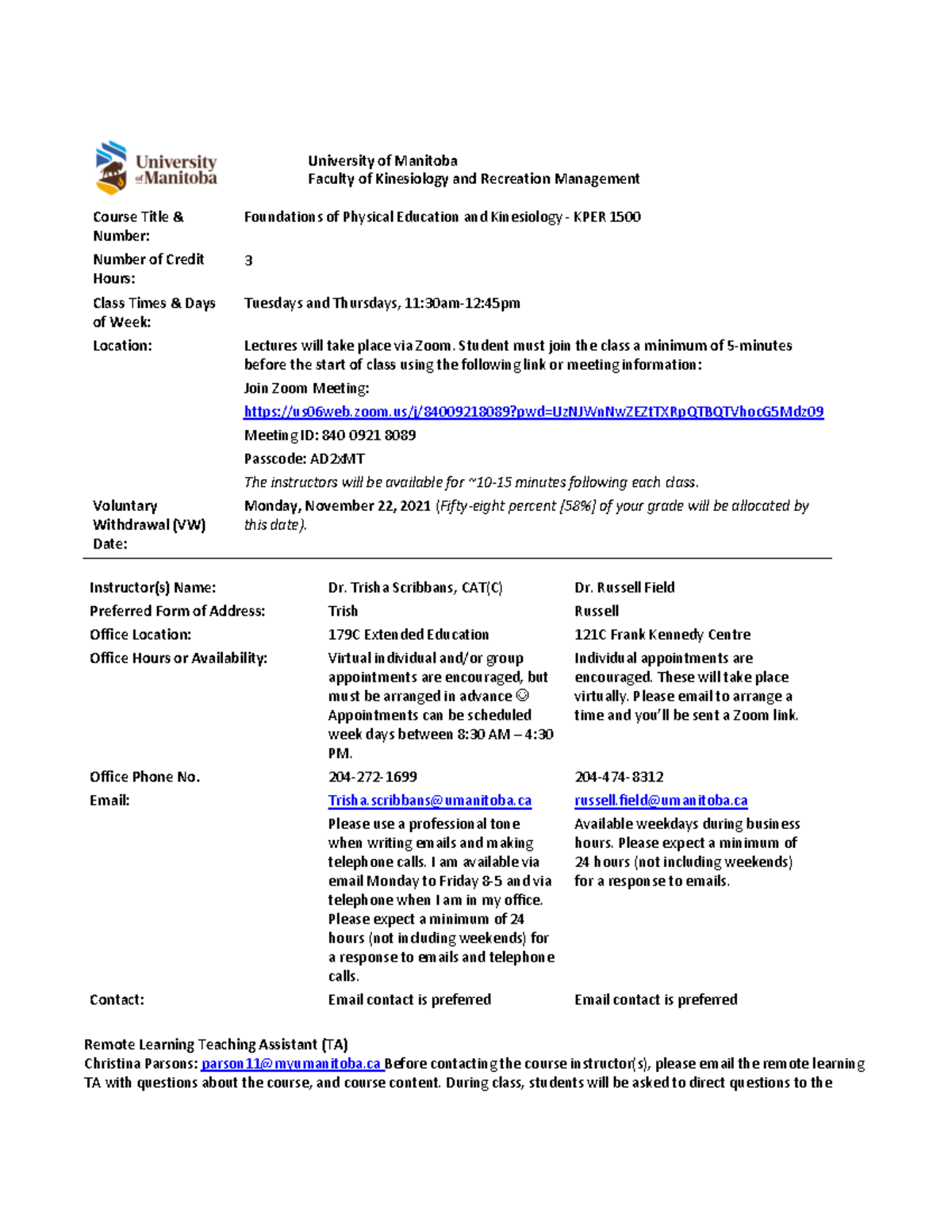 KPER 1500 Fall 2021 Syllabus - KPER 1200 - U of M - Studocu