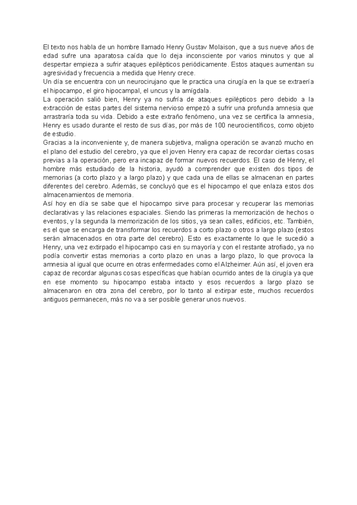 Artículo sobre la historia de Henry Molaison - El texto nos habla de un ...
