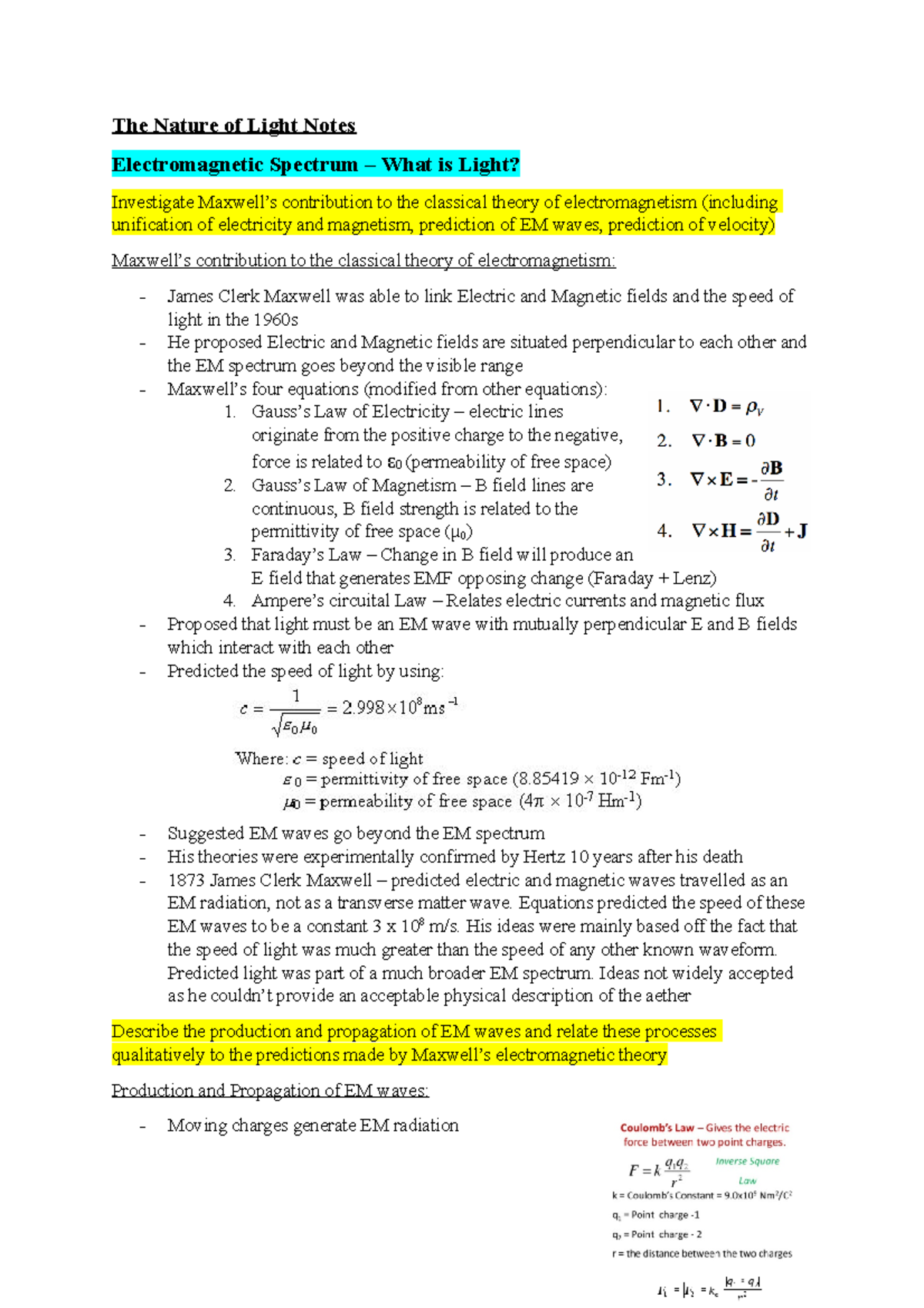 The Nature of Light Notes - The Nature of Light Notes Electromagnetic ...