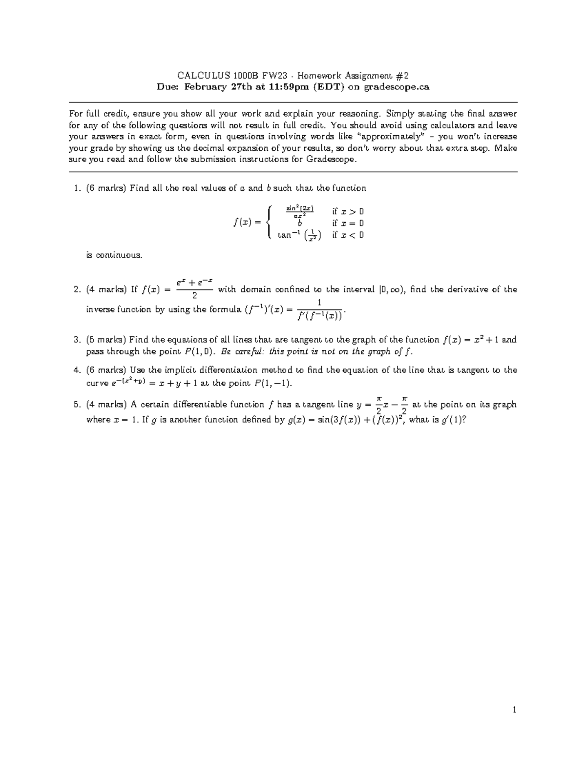 Calc1000BA2 - assignment 2 - CALCULUS 1000B FW23 - Homework Assignment ...