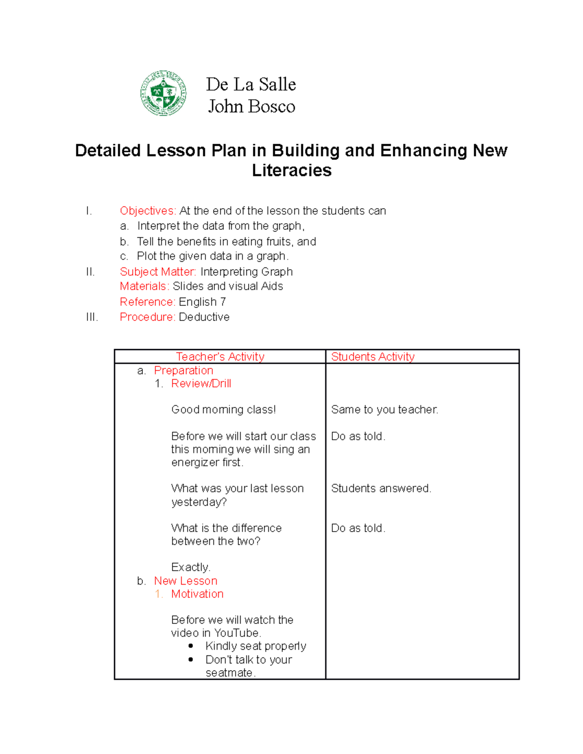 Interpreting Graph Detailed Lesson Plan - Detailed Lesson Plan in ...