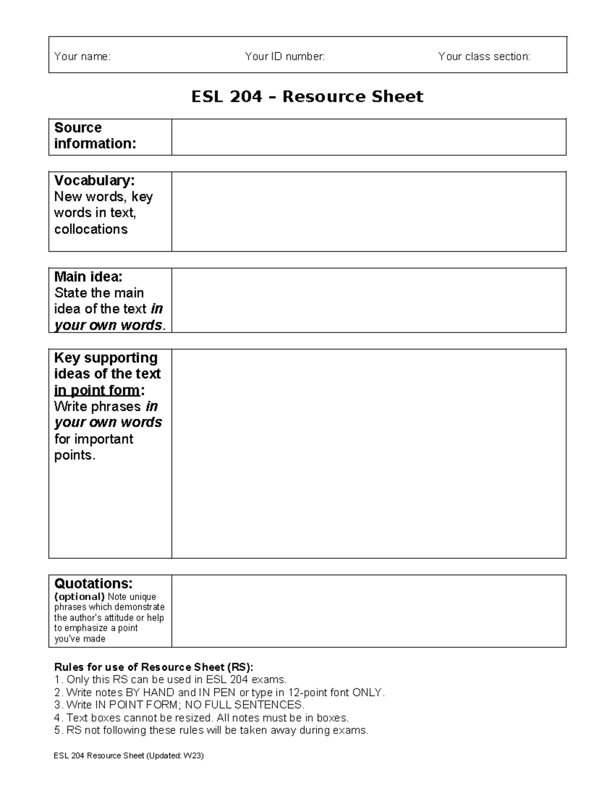 ESL 204 Resource Sheet W23 typing allowed - Your name: Your ID number ...