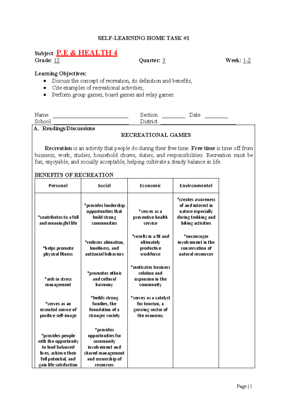 Physical Education - SELF-LEARNING HOME TASK Subject: P & HEALTH 4 ...