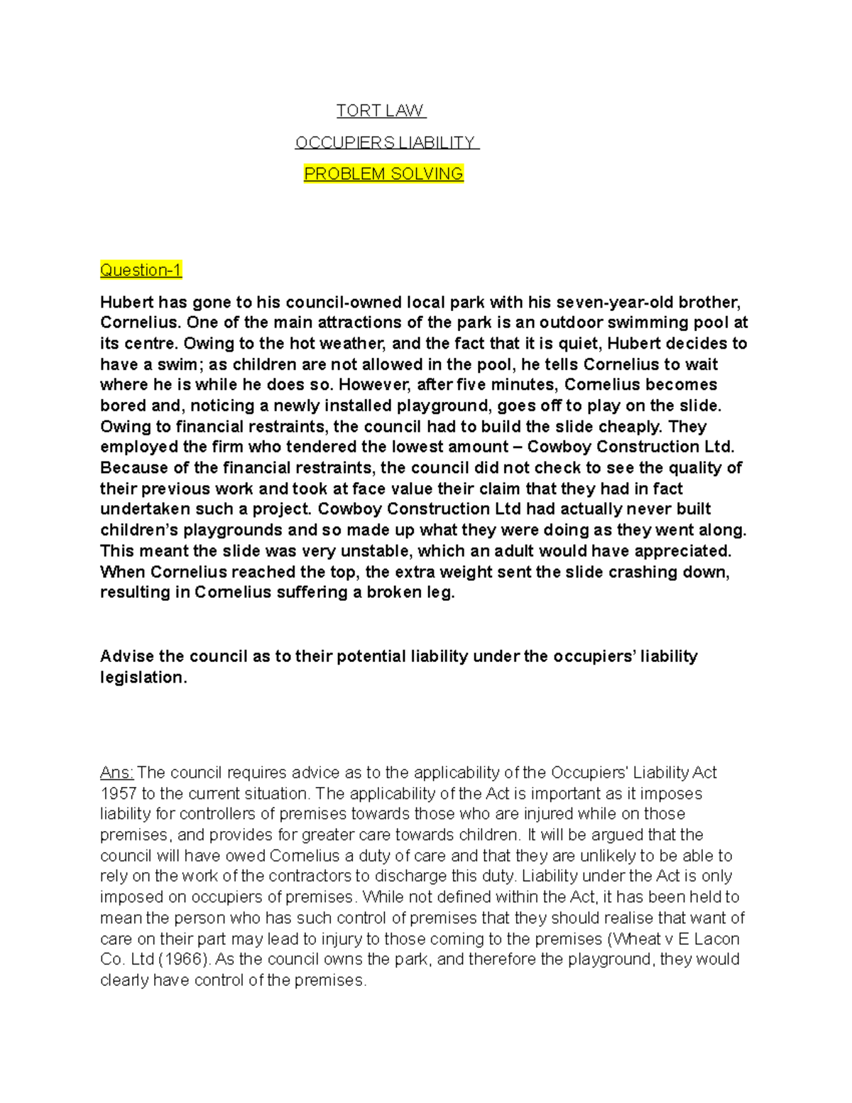 Occupiers Liability PQ Solving - TORT LAW OCCUPIERS LIABILITY PROBLEM ...
