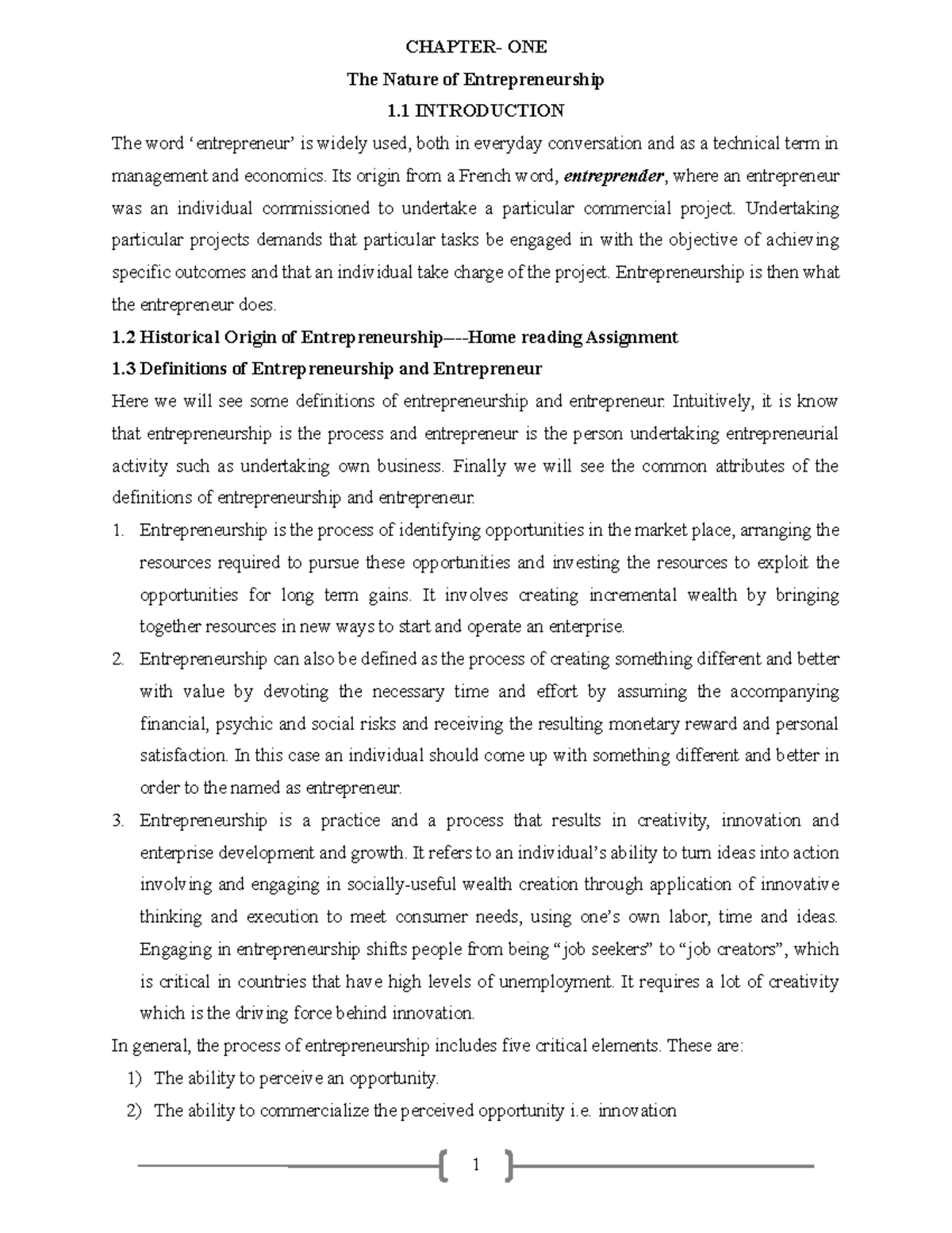 Chapter-One Summer - BY,BSA(MBA) - CHAPTER- ONE The Nature of Entrepreneurship 1 INTRODUCTION ...