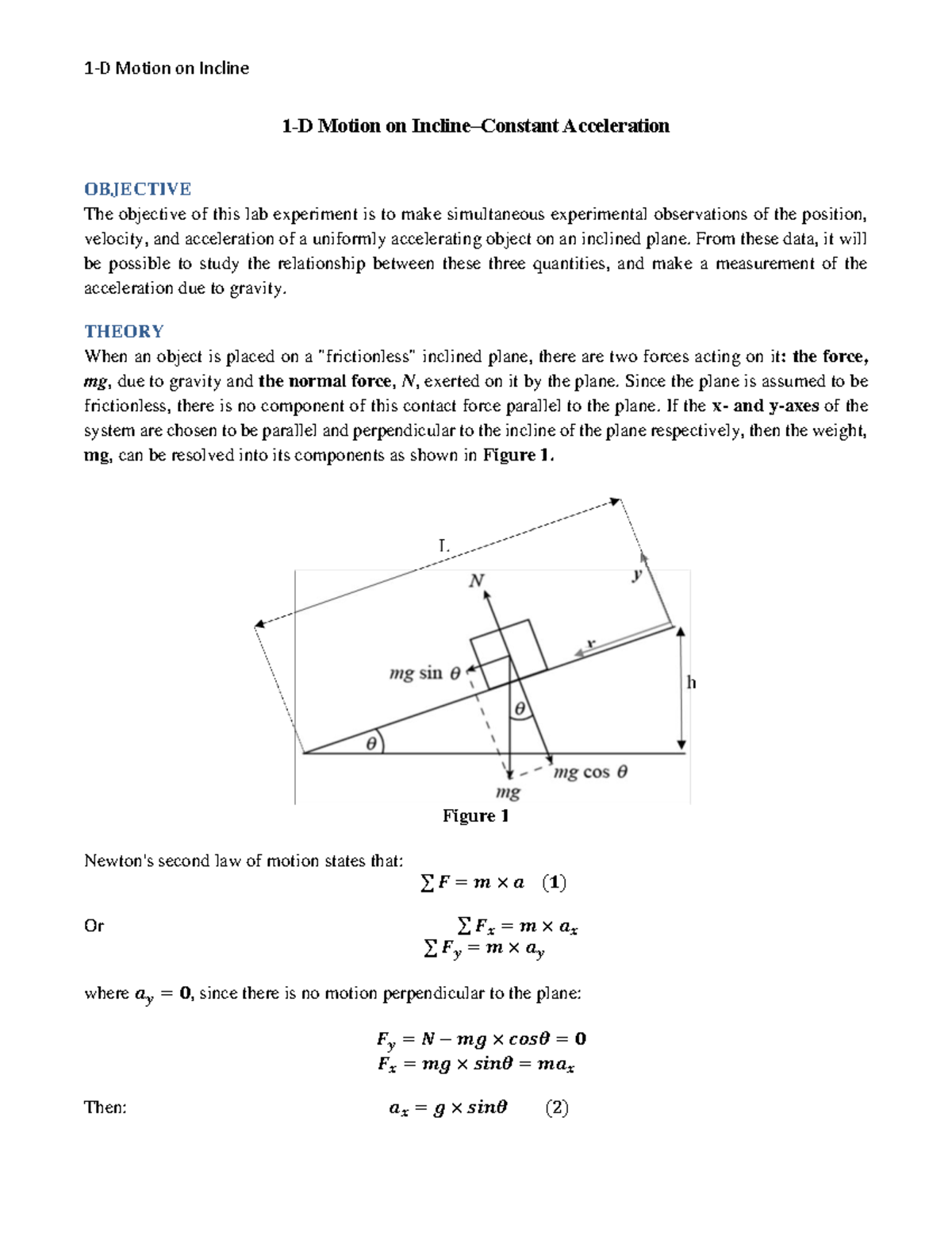 Lab-2 Motion on Incline - 1 - D Motion on Incline 1 - D Motion on ...