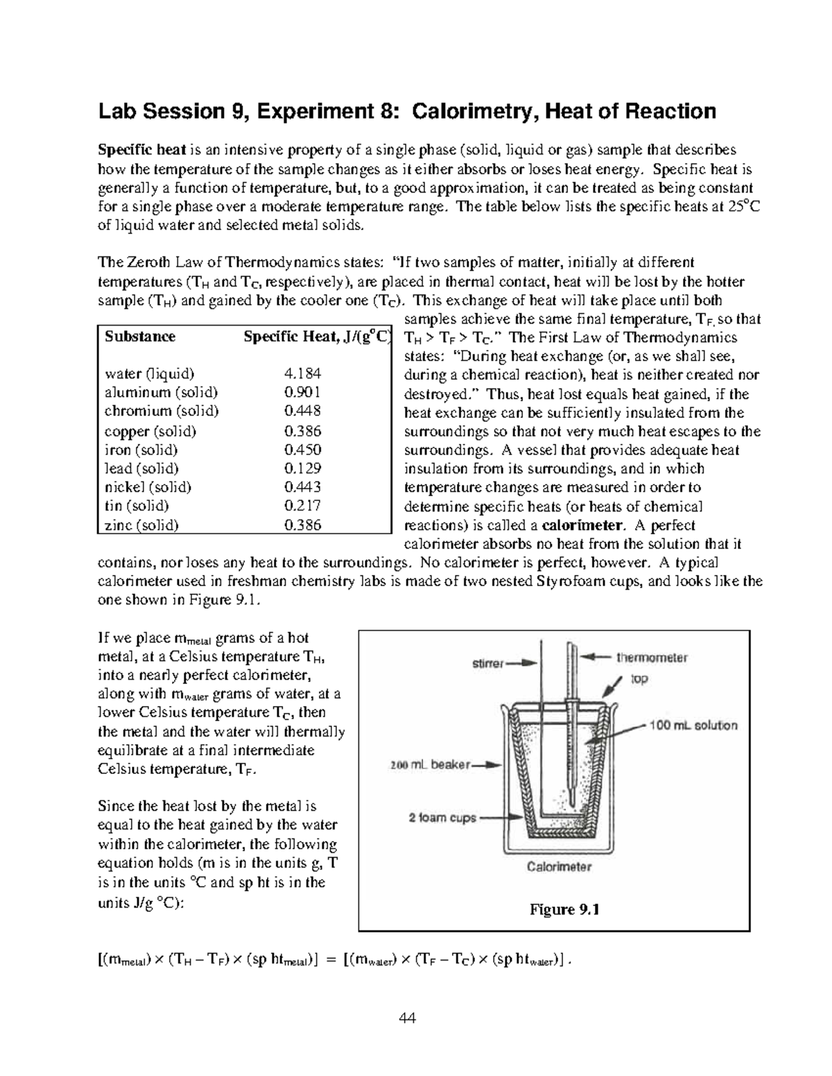 Session 09 - Got - Lab Session 9, Experiment 8: Calorimetry, Heat of ...