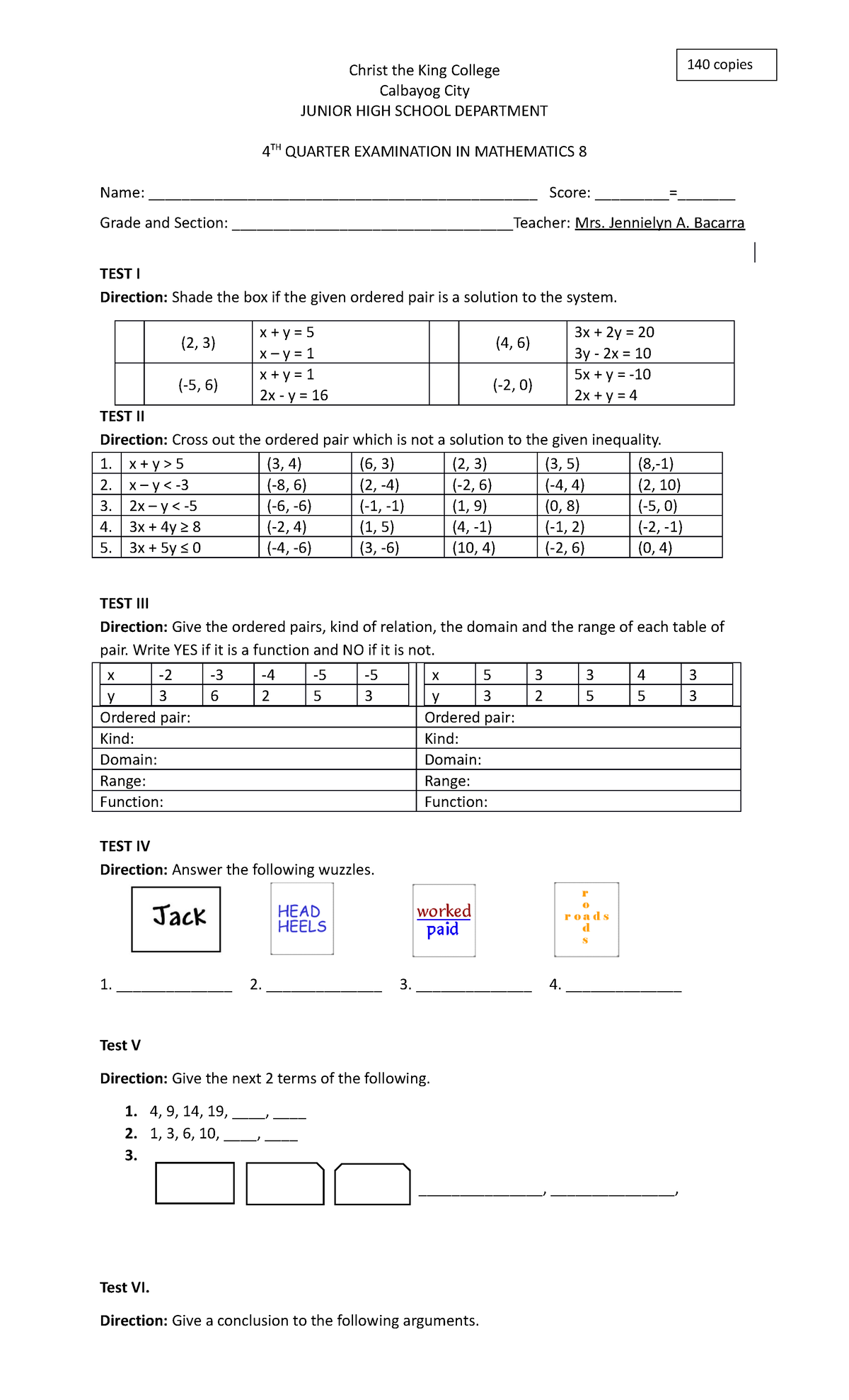 4TH QE - fourth quarter examination - Christ the King College Calbayog ...
