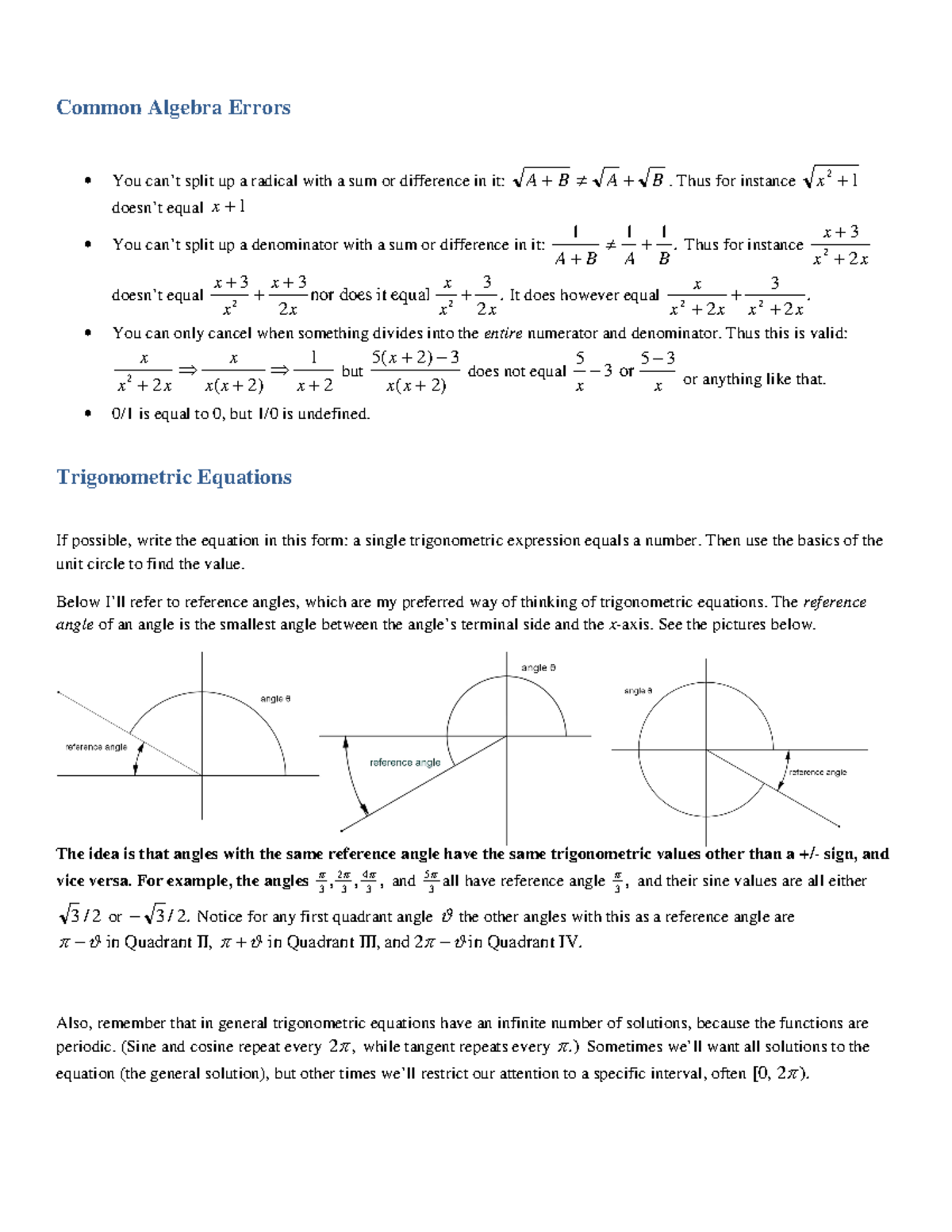 2114- notes on equations - Common Algebra Errors You can’t split up a ...