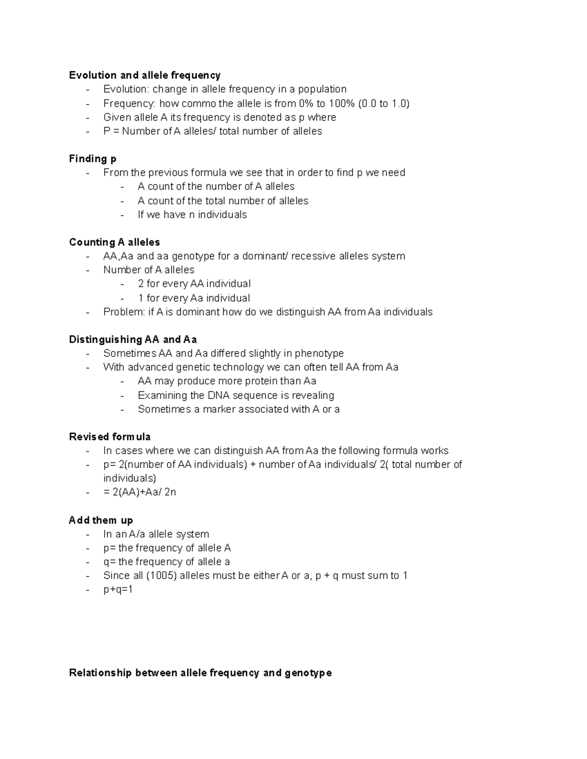 Population genetics - notes - Evolution and allele frequency ...