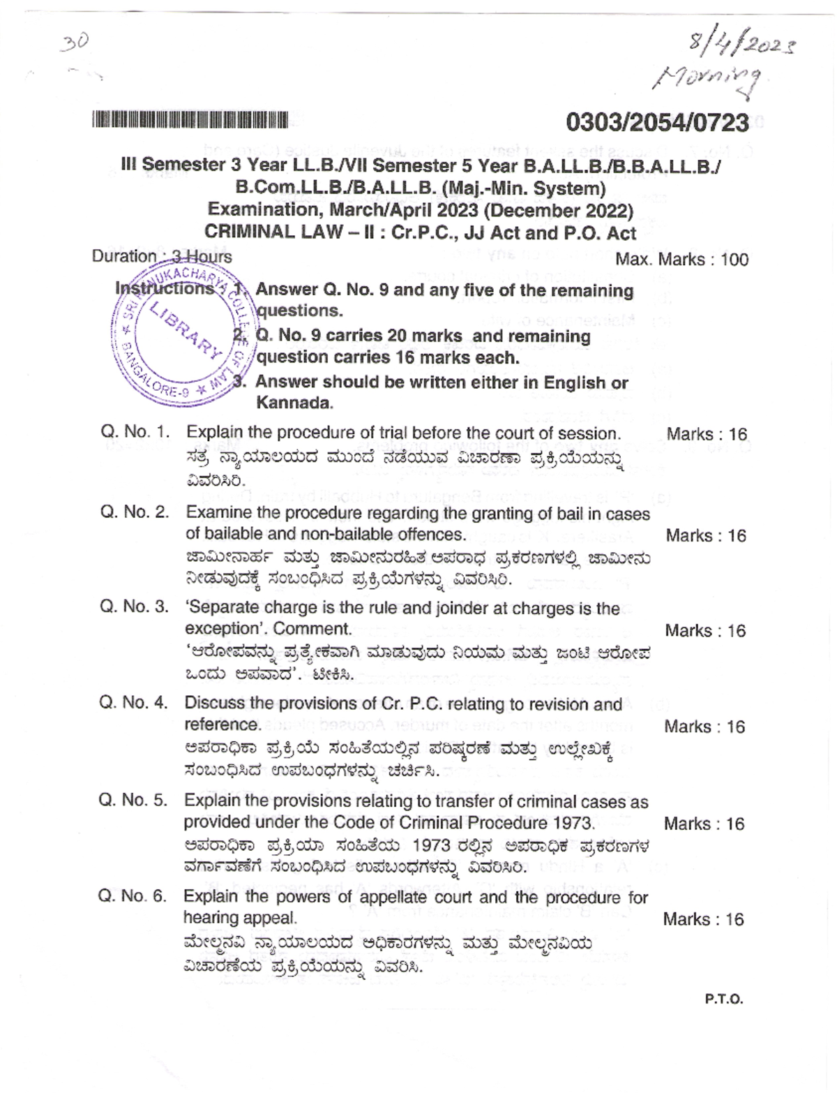 Crpc Mar 100marks 2023 - Question paper - Kslu 4th sem - Studocu
